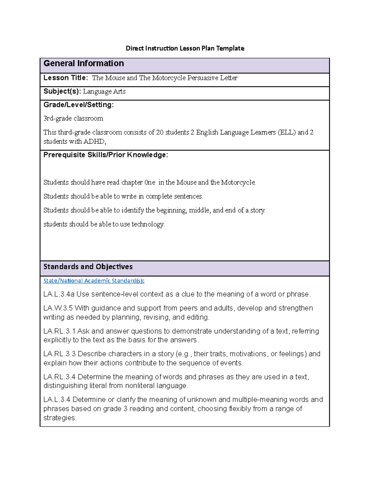 Language ARTS Instruction Lesson PLAN - Direct Instruction Lesson Plan Template General ...