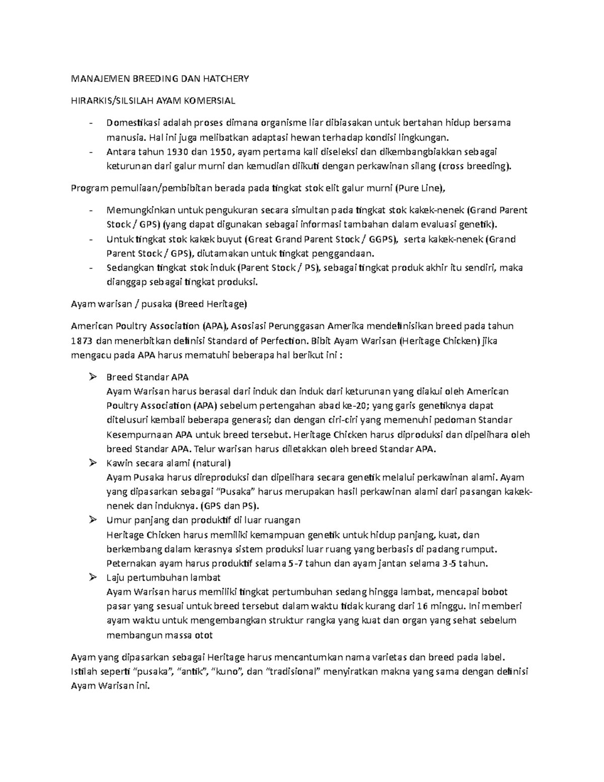 Manajemen Breeding DAN Hatchery - domestikasi dan ayam warisan ...