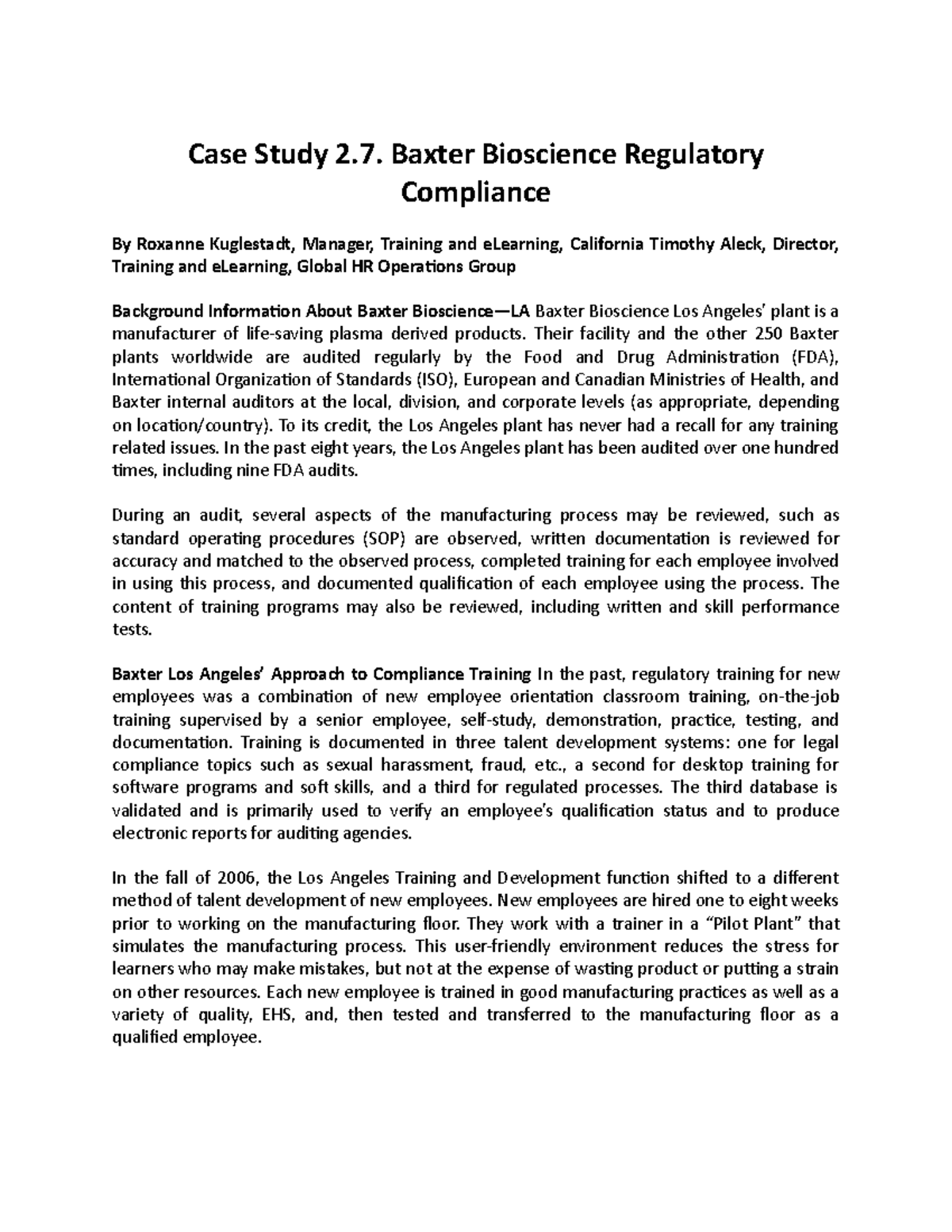 Case Study 2.7 Budgeting and Costing - Case Study 2. Baxter Bioscience ...