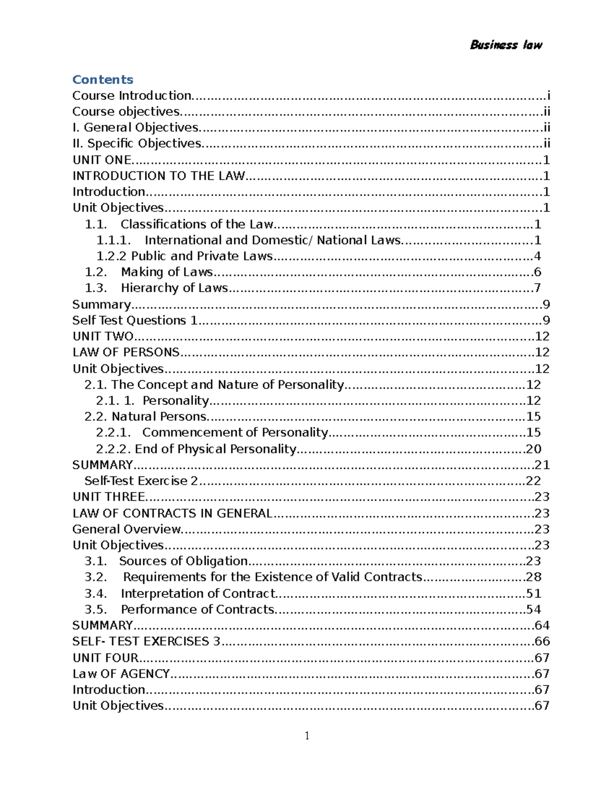 Buisness Law Material - Lecture notes R4R - Contents Course - Studocu