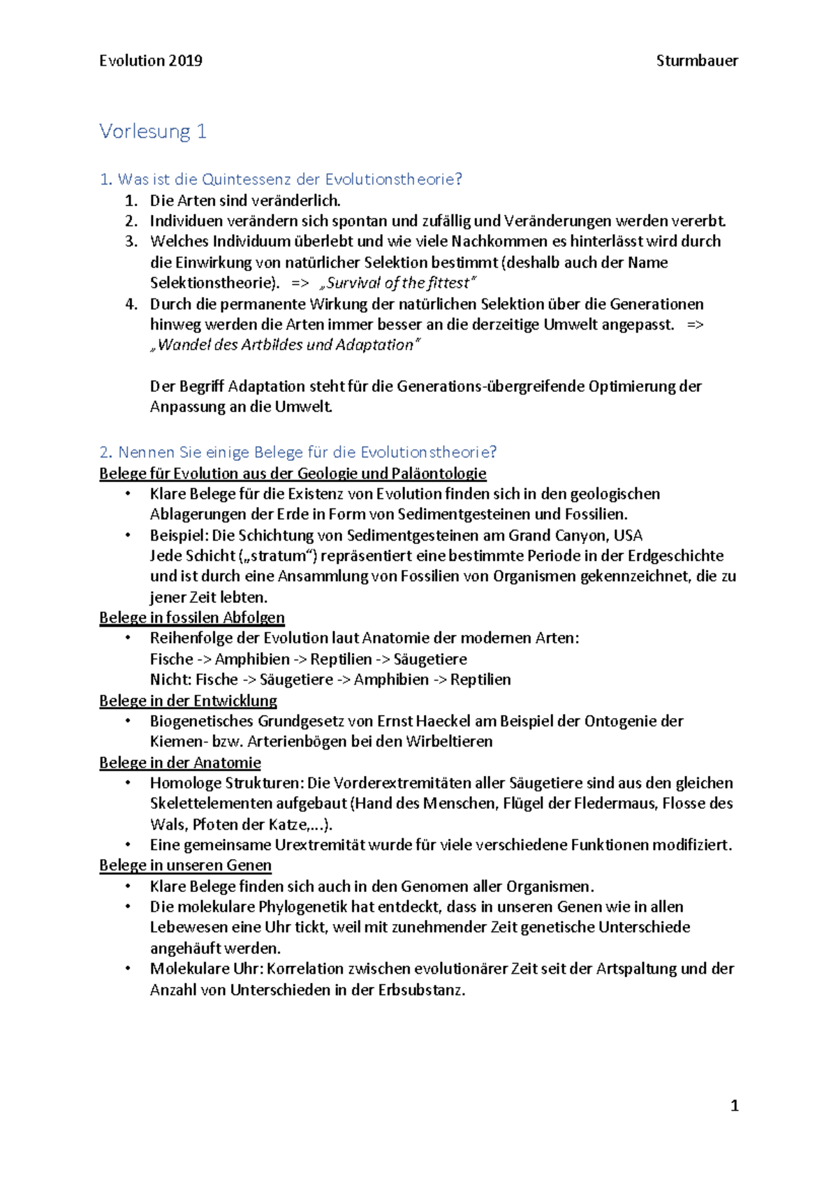 Evolution 2019 - Zusamenfassug aller VO - Vorlesung 1 1. Was ist die ...