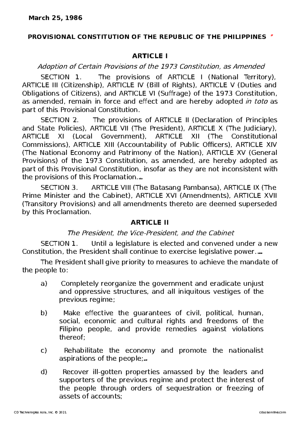 1986 Freedom Constitution - March 25, 1986 PROVISIONAL CONSTITUTION OF ...