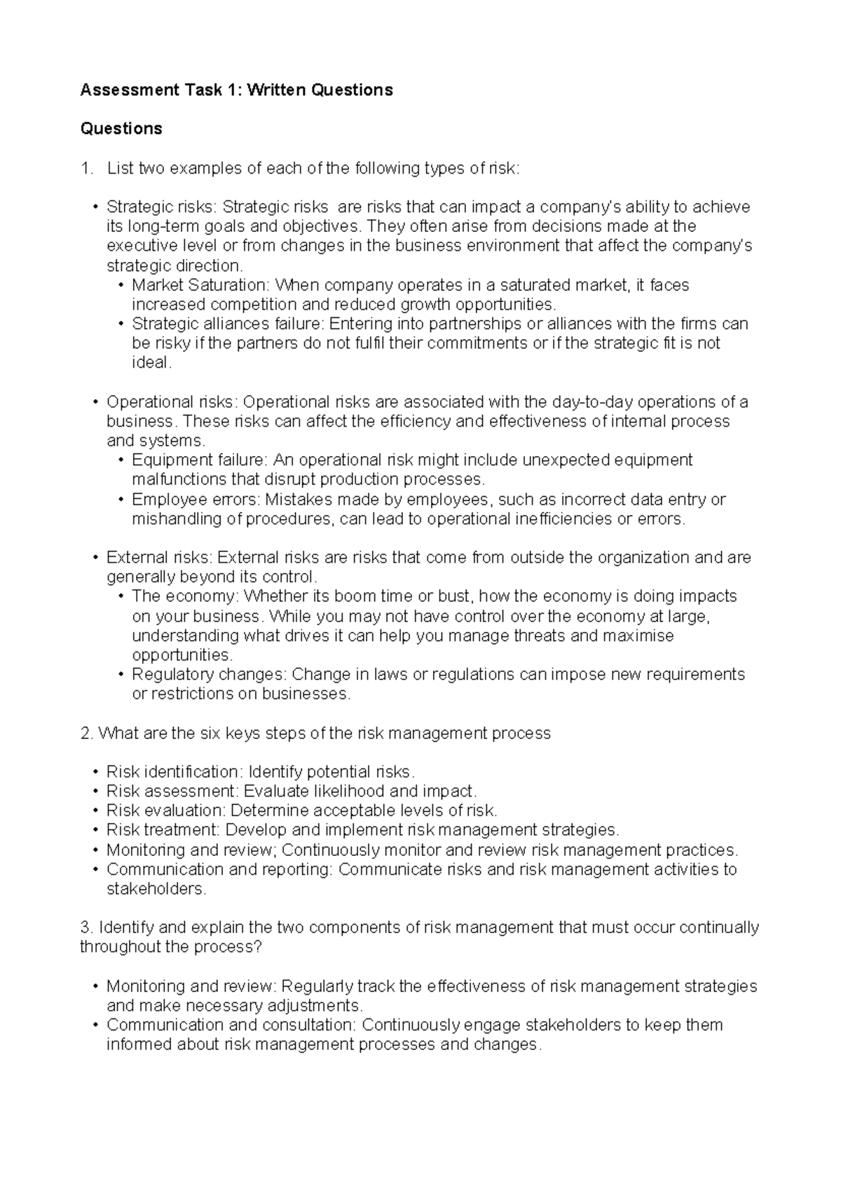 Bsbops 504 TASK 1 - helpful assessment - Assessment Task 1: Written Questions Questions 1. List ...