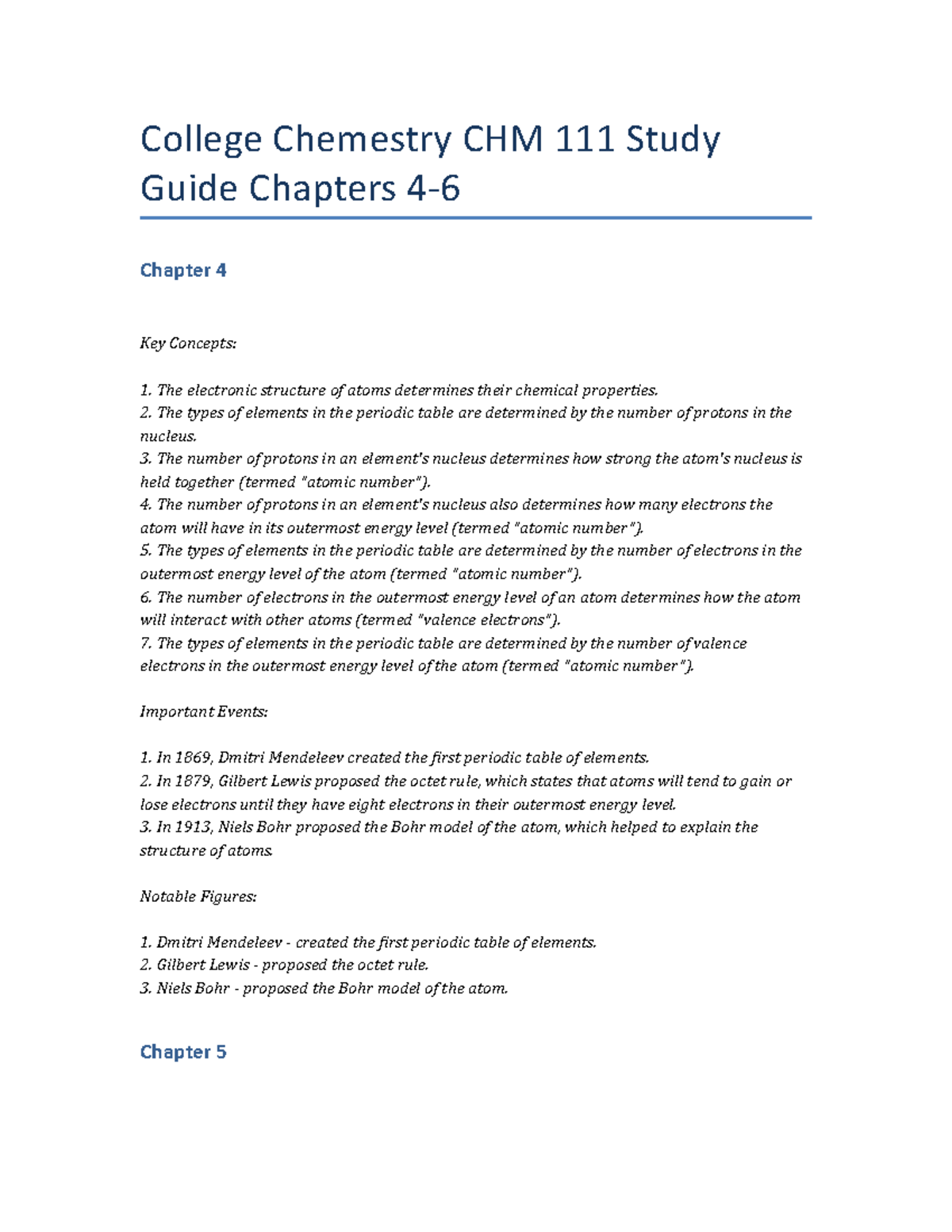 College Chemestry CHM 111 Study Guide Chapters 4-6 - College Chemestry ...
