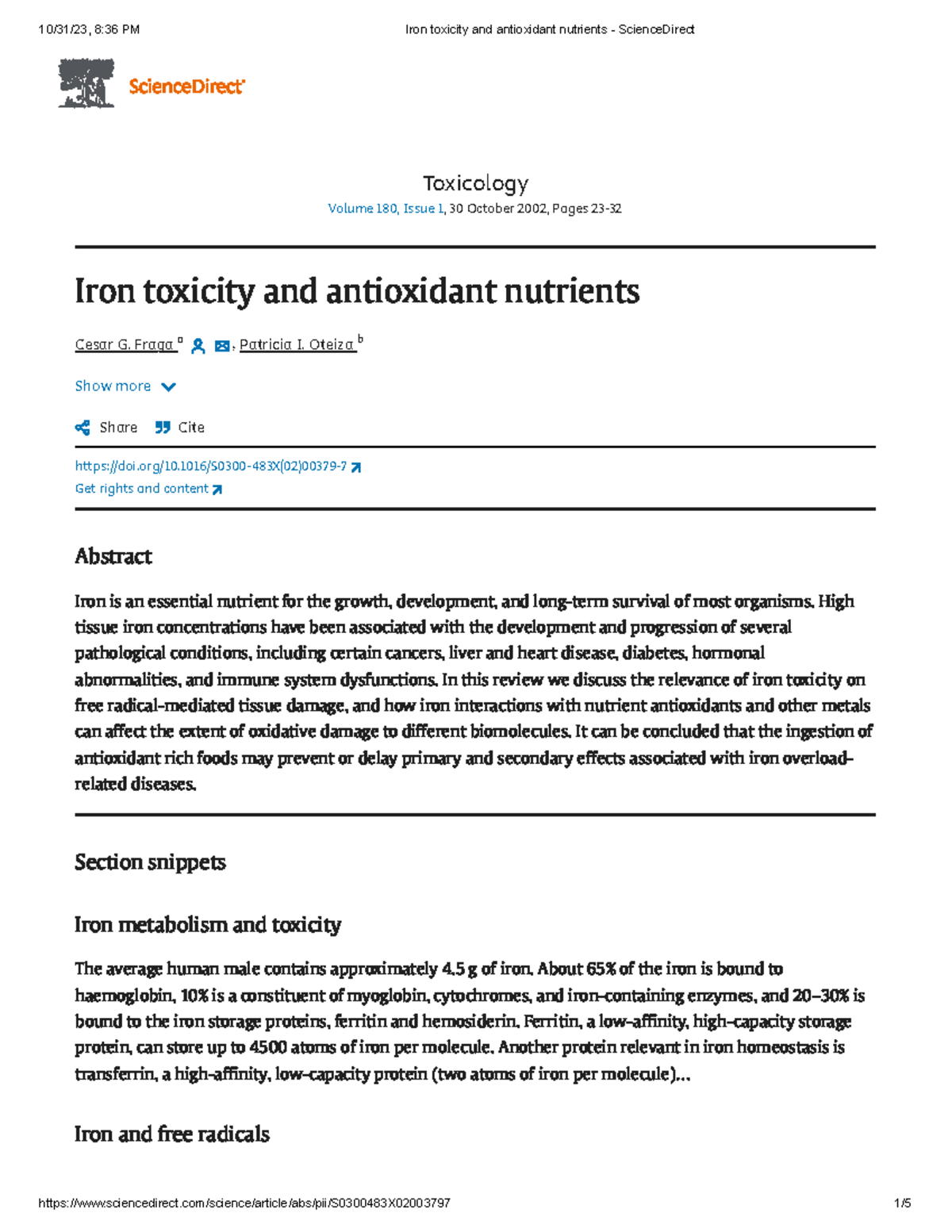 Iron toxicity and antioxidant nutrients - Science Direct - Toxicology ...