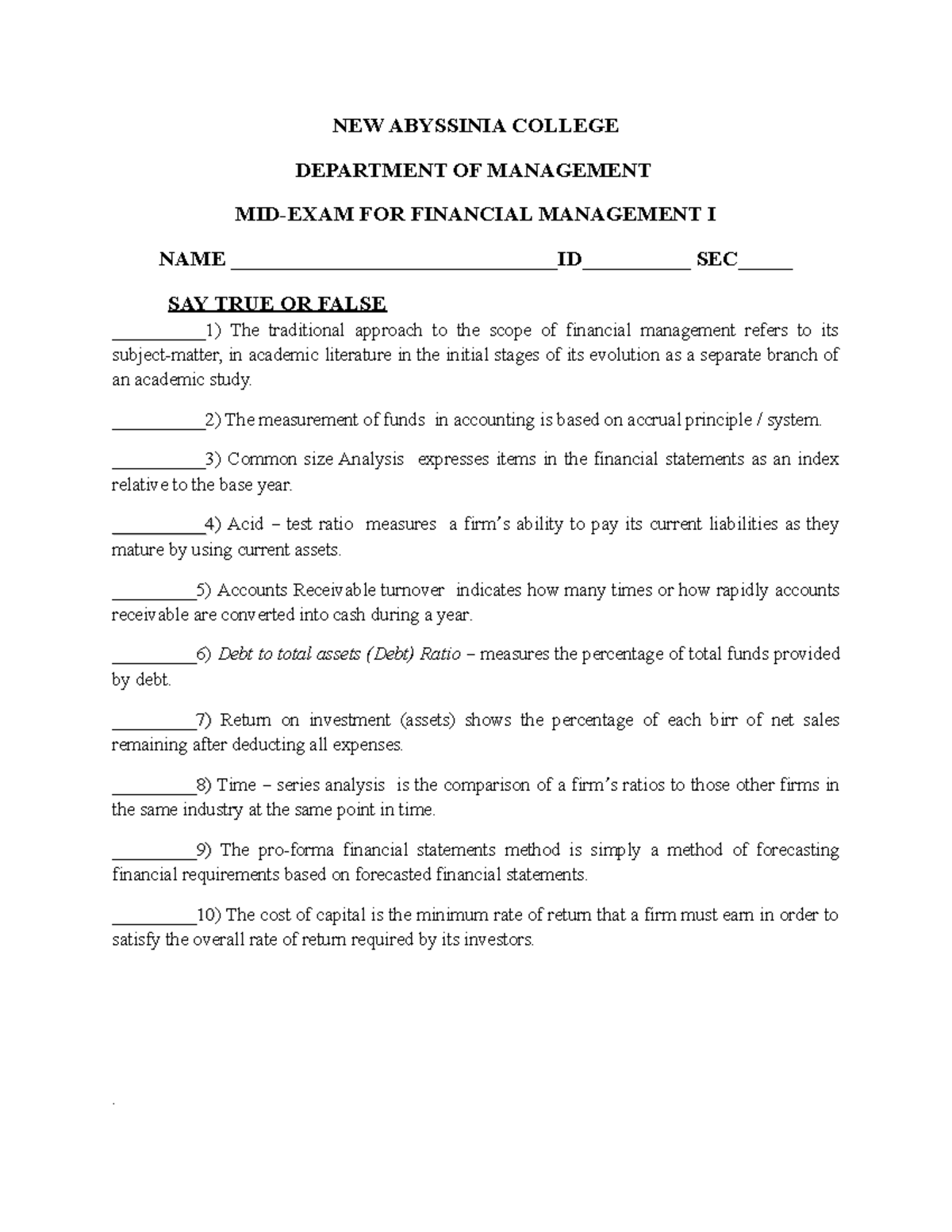 NEW FM I mid - NEW ABYSSINIA COLLEGE DEPARTMENT OF MANAGEMENT MID-EXAM ...