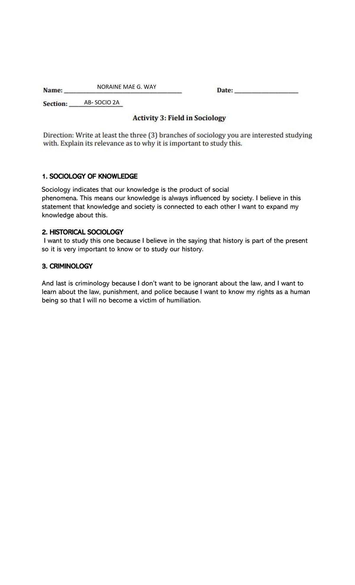 Activity 3 Field in Sociology - 1. SOCIOLOGY OF KNOWLEDGE Sociology ...