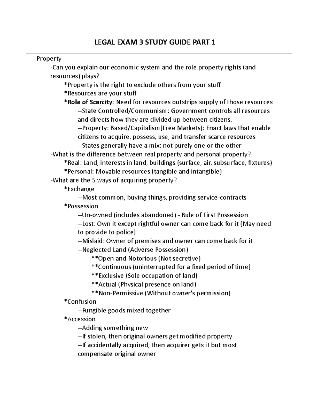 Legal EXAM 3 Study Guide PART 1 - LEGAL EXAM 3 STUDY GUIDE PART 1 Property -Can you explain our ...