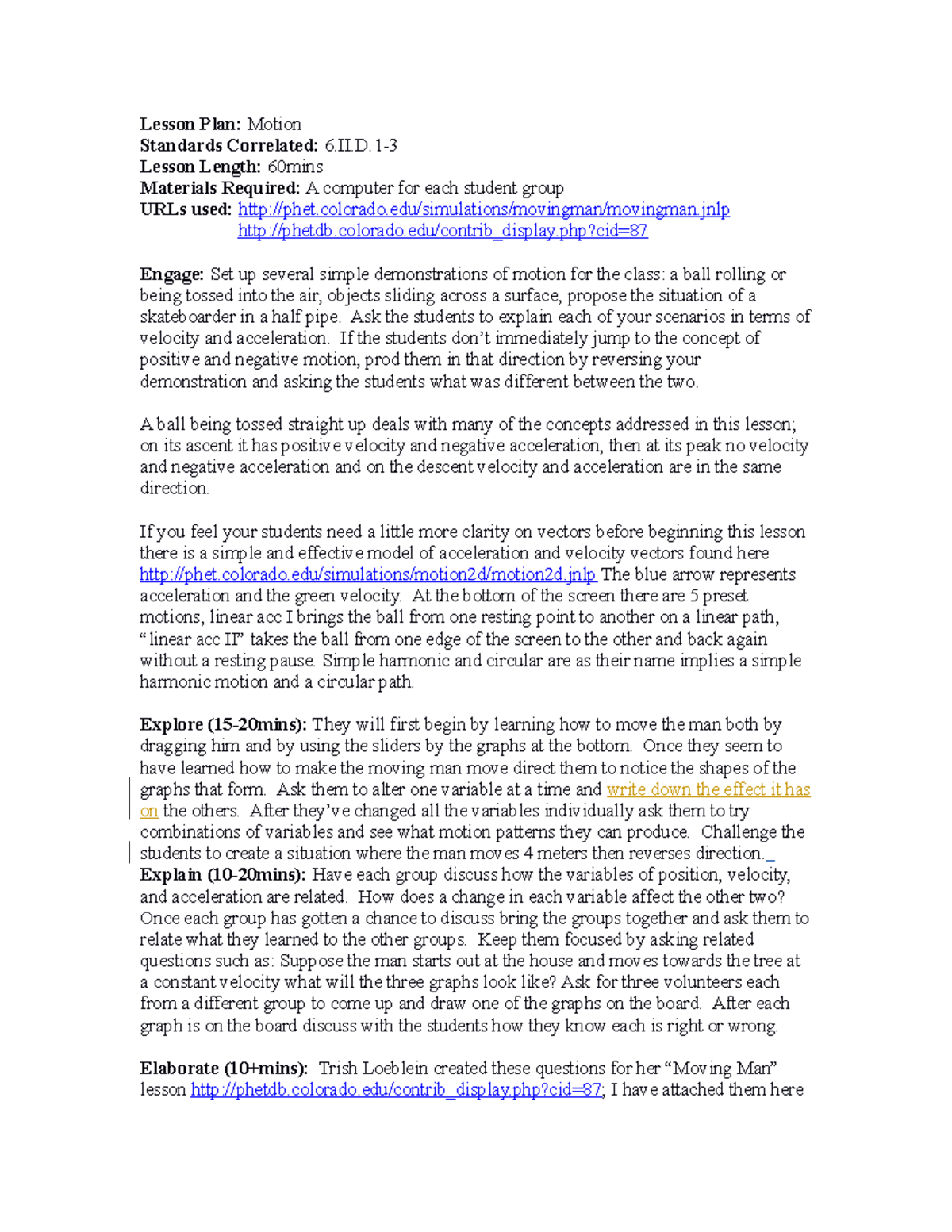 Rjmotion - science - Lesson Plan: Motion Standards Correlated: 6.II.D ...