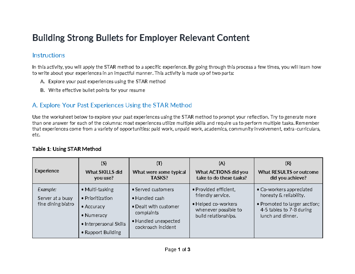 Resume Bullet Worksheet - Page 1 of 3 Building Strong Bullets for ...