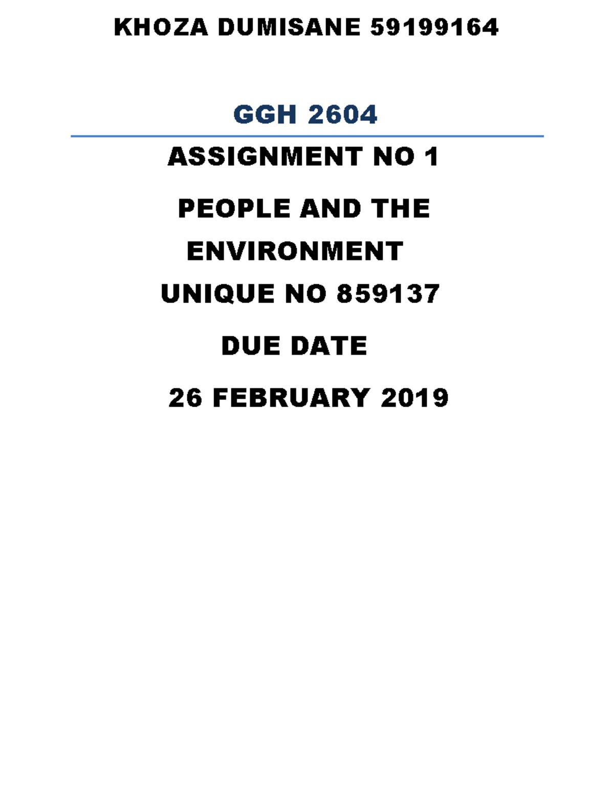 GGH 2604 Assignment 1 - KHOZA DUMISANE 59199164 GGH 2604 ASSIGNMENT NO ...