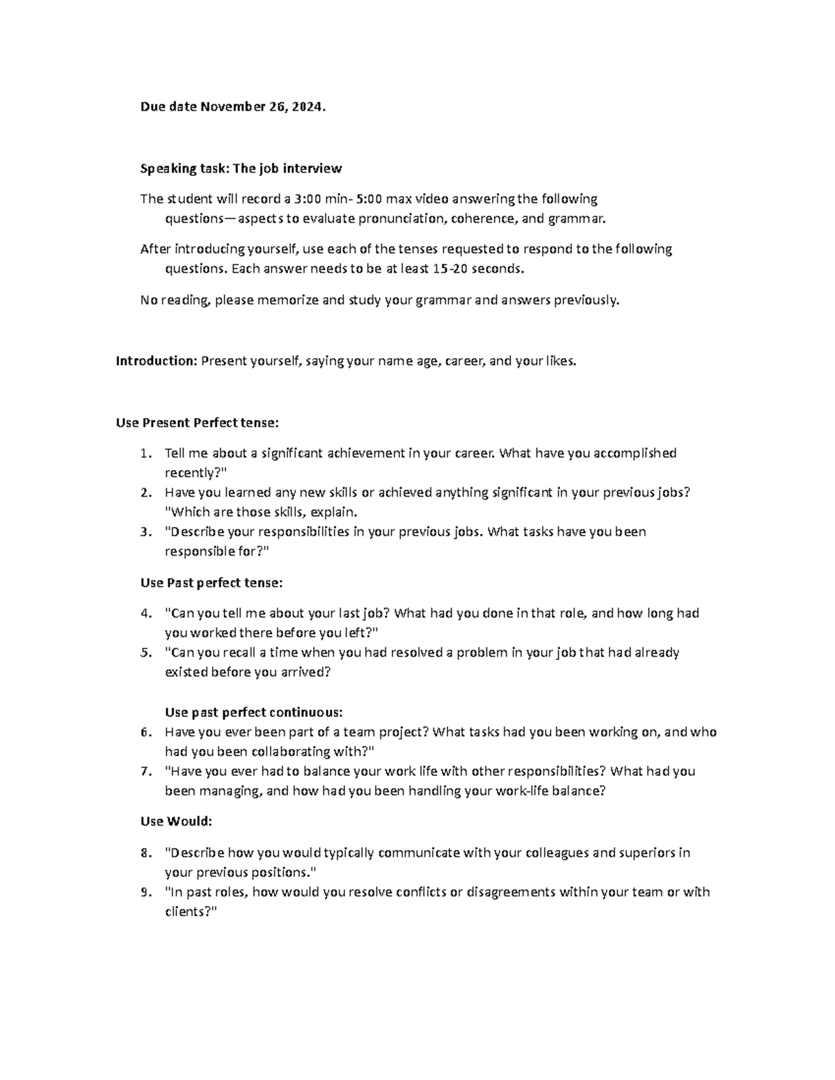 The job interview Speaking task - Due date November 26, 2024. Speaking ...