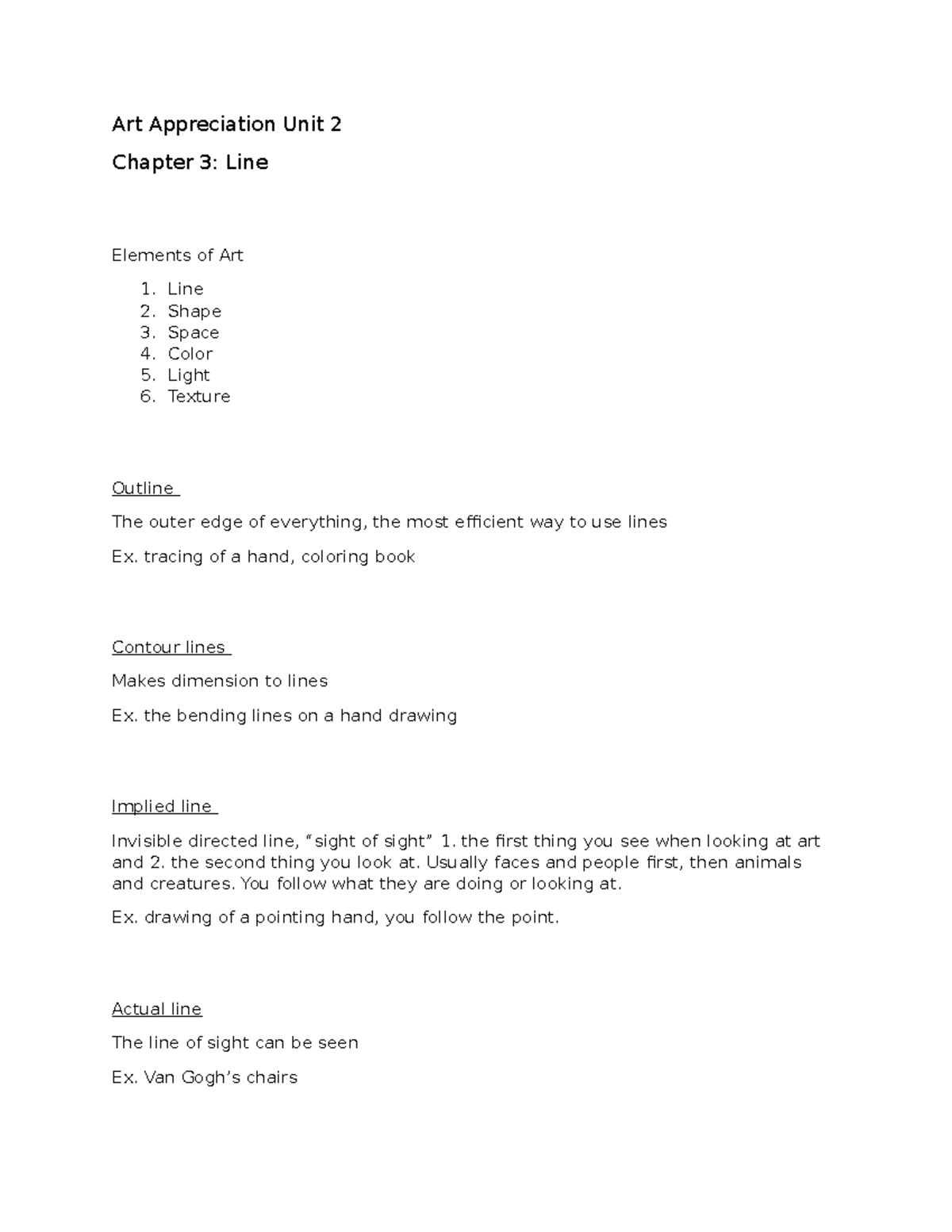 Unit 2 - Chapters 3, 4, and 5 - Art Appreciation Unit 2 Chapter 3: Line ...