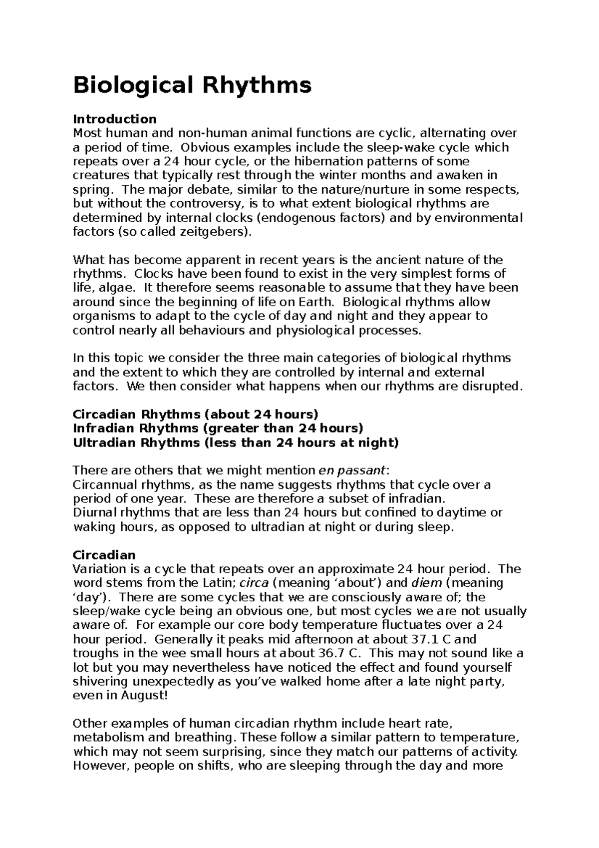 Biological Rhythms lecture - Biological Rhythms Introduction Most human ...