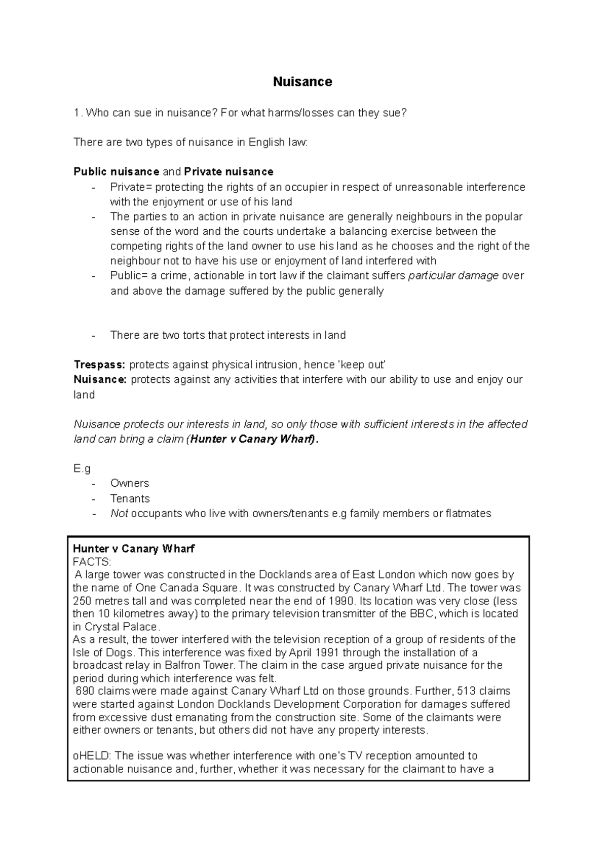 Nuisance - Nuisance Who can sue in nuisance? For what harms/losses can ...
