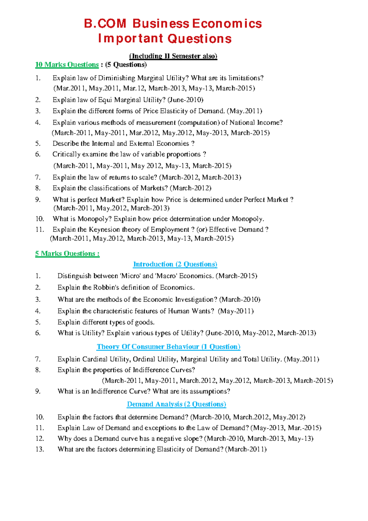 B.com 1st Year Economics Important Questions - (Including II Semester ...