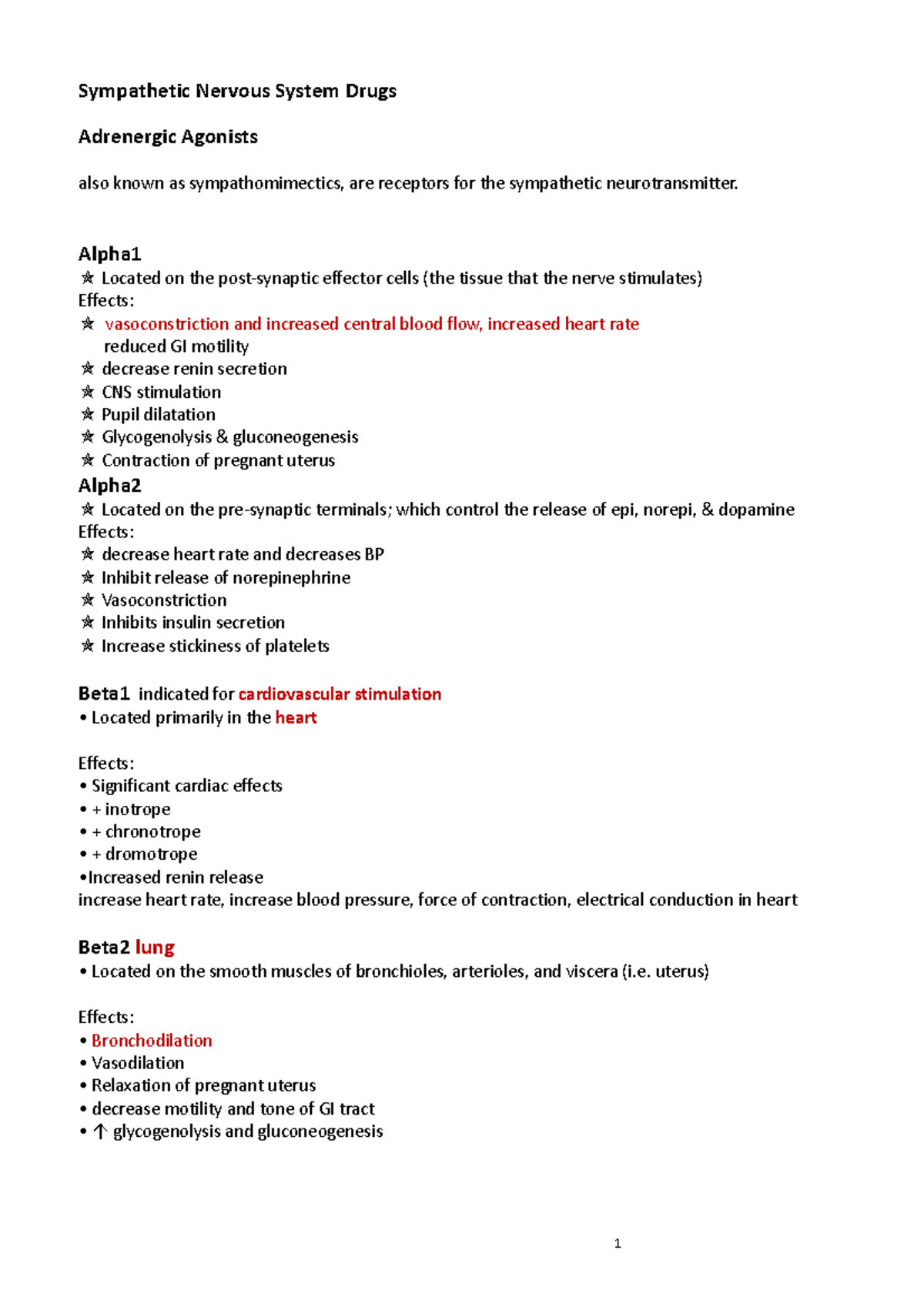 Unit 2 - Sympathetic Nervous System Drugs - Sympathetic Nervous System ...