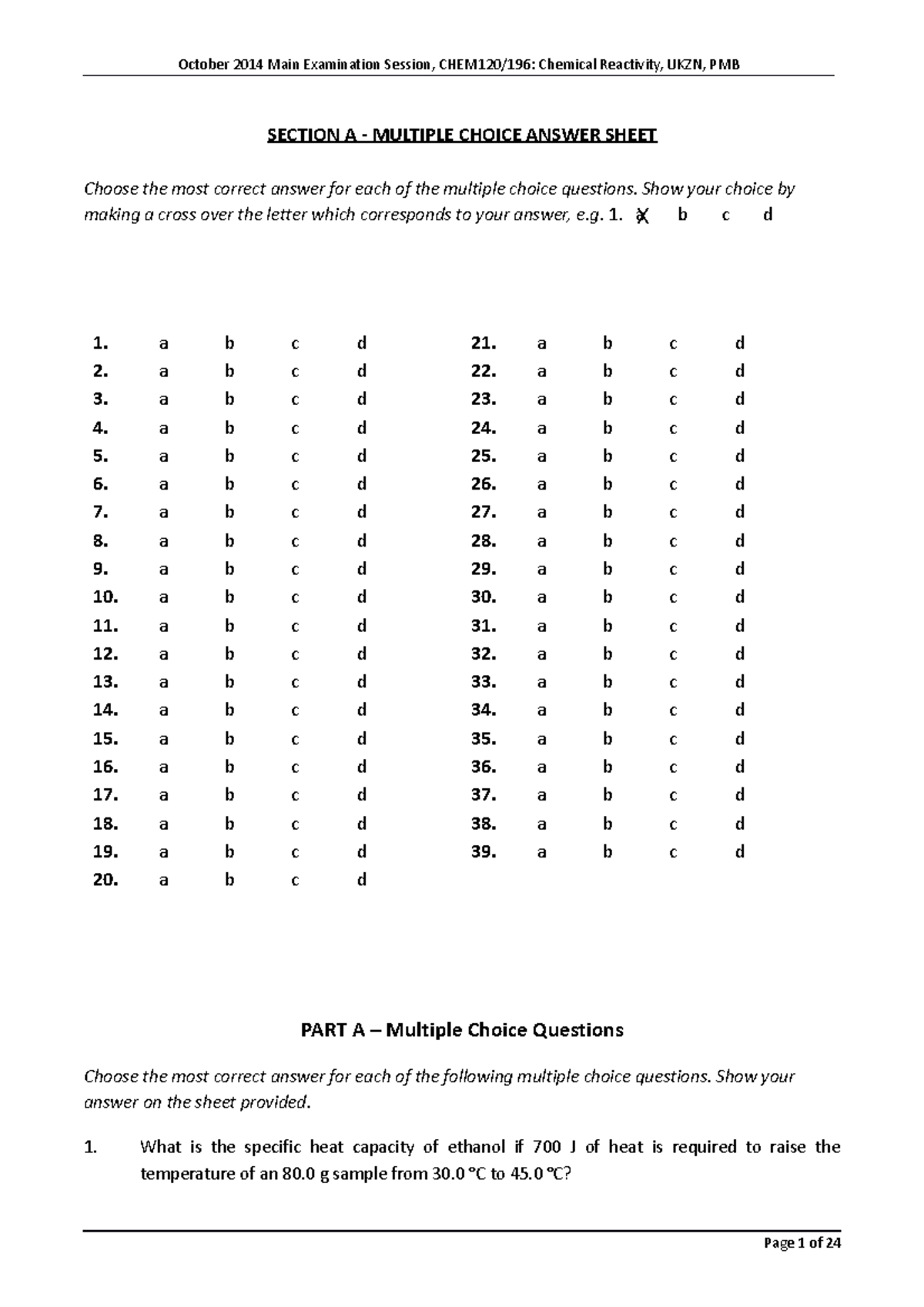 CHEM120 Main PMB - chem 120 - SECTION A - MULTIPLE CHOICE ANSWER SHEET ...