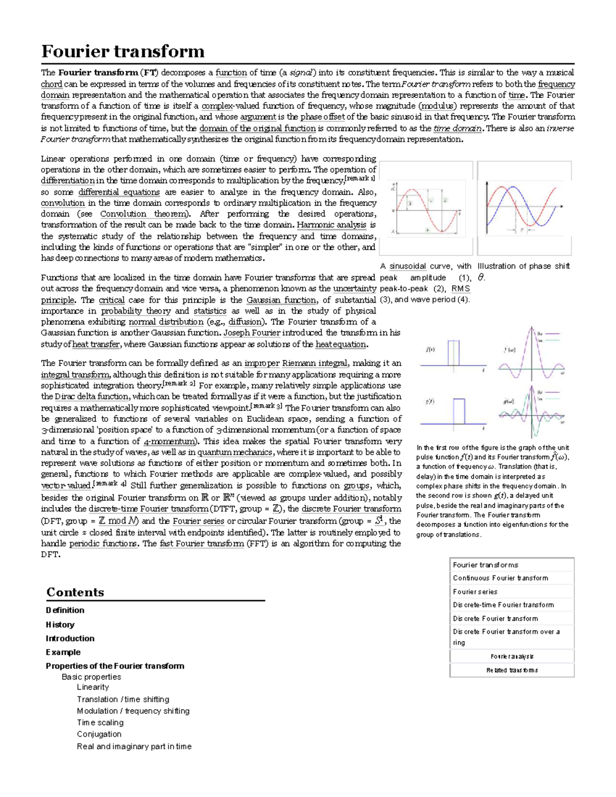 Fourier transform - Wikipedia 1 - A sinusoidal curve, with peak ...