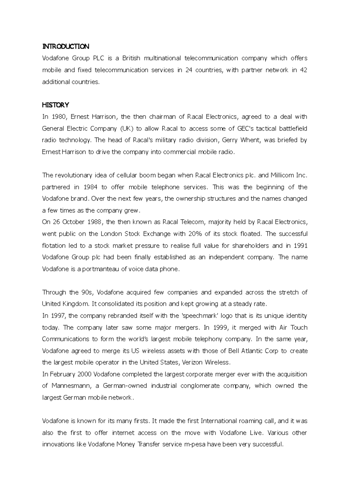 Vodafone History, Stakeholders, Ownership AND Governance - INTRODUCTION ...