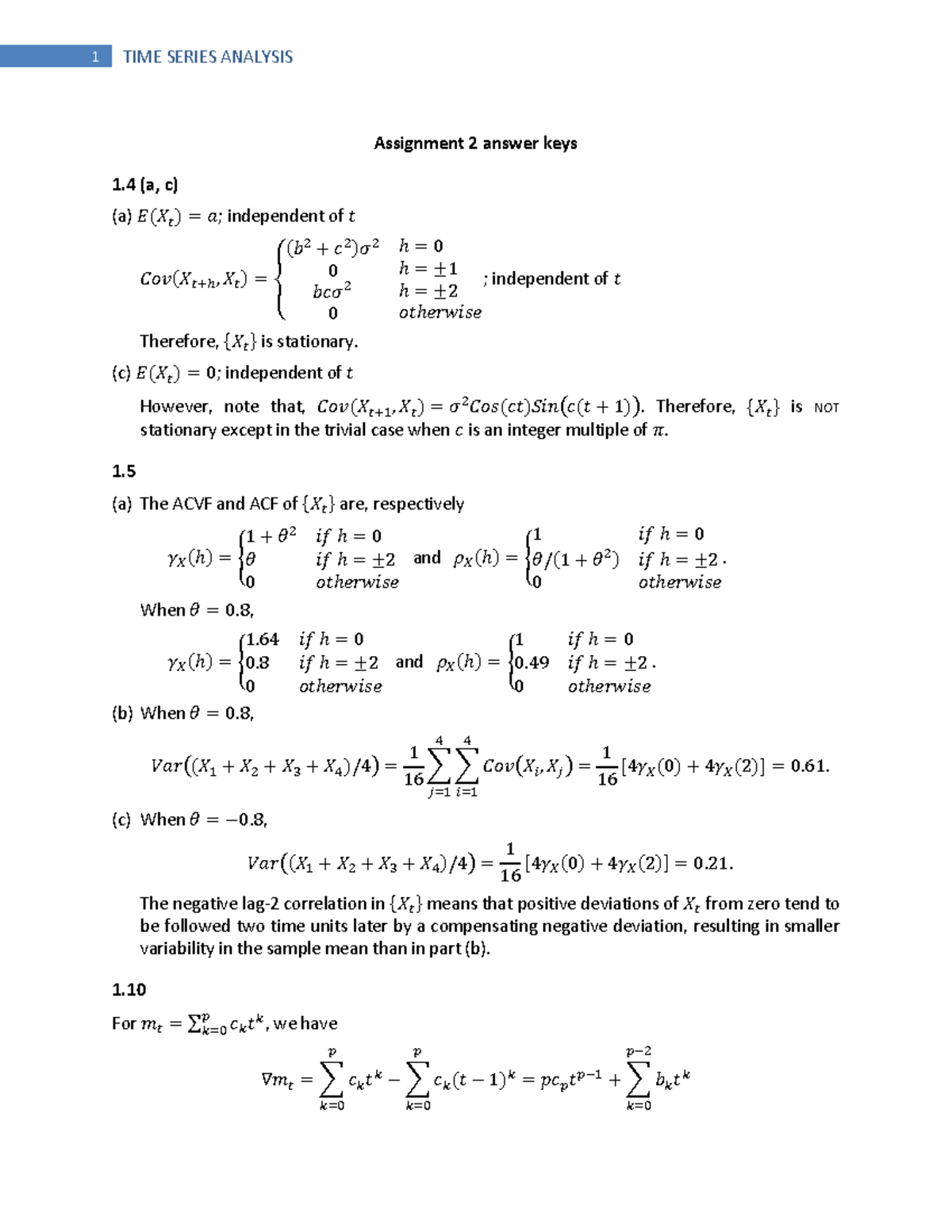 Time Series Analysis HW 02 Answer keys - 1 TIME SERIES ANALYSIS Assignment 2 answer keys 1 (a, c ...