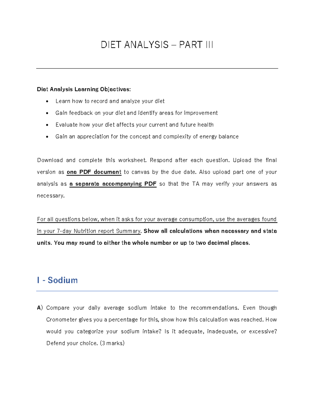 DA Part III-1-1 - math - DIET ANALYSIS – PART III Diet Analysis Learning Objectives: - Learn how ...