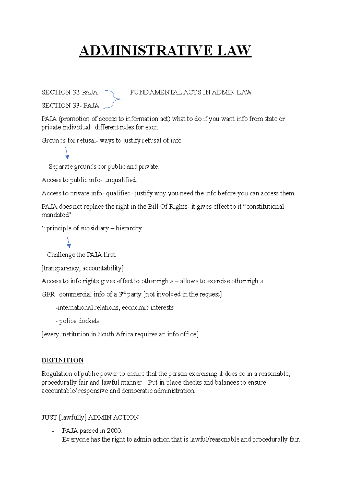 Admin LAW Notes - Law - ADMINISTRATIVE LAW SECTION 32-PAJA FUNDAMENTAL ...