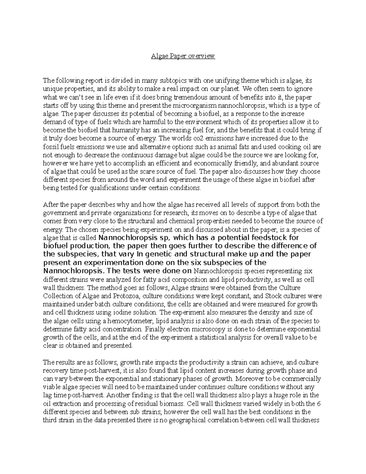 Algae Paper overview bio lab - Algae Paper overview The following ...