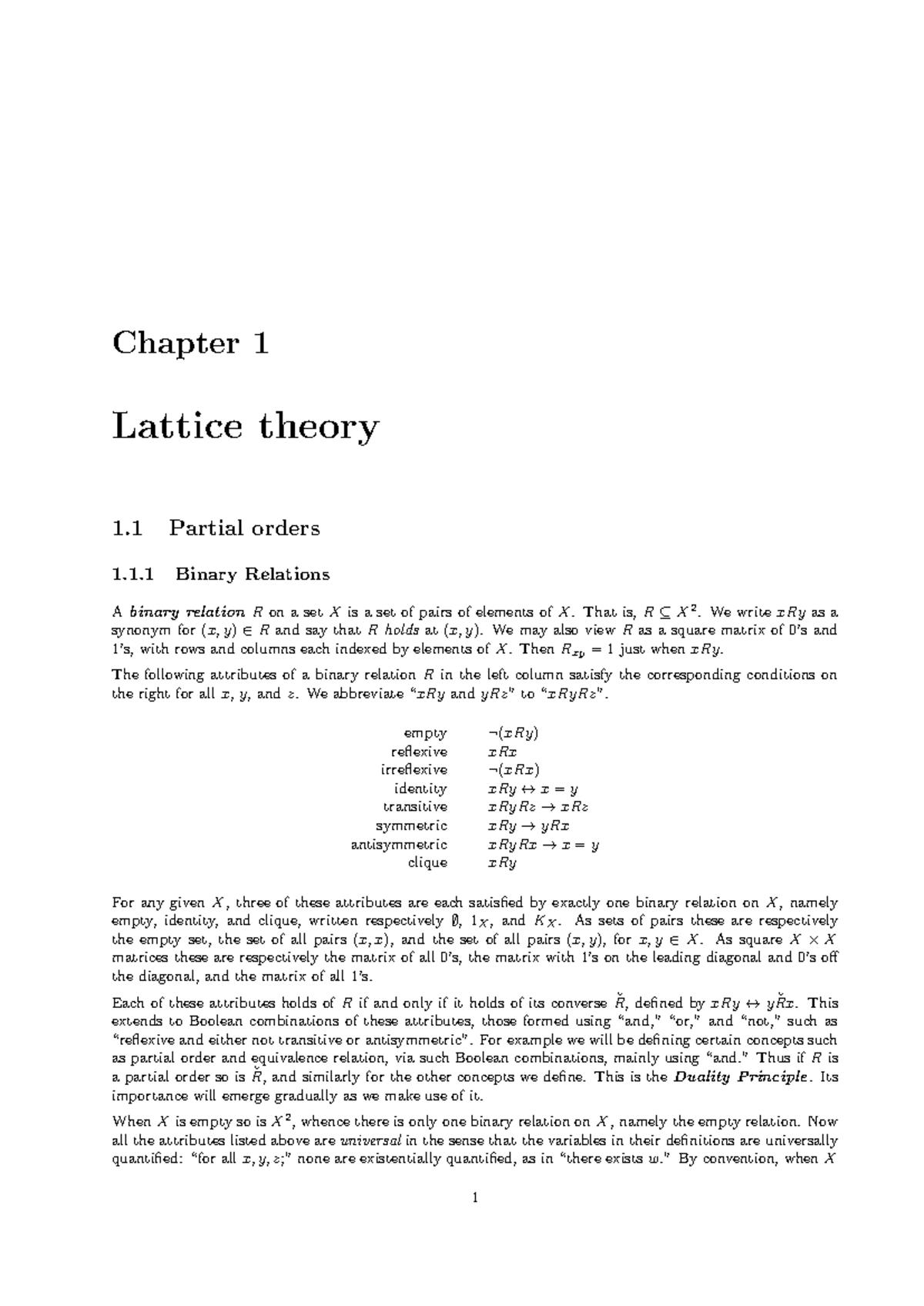 Book1 - Chapter 1 Lattice theory 1 Partial orders 1.1 Binary Relations A binary relation R on a ...