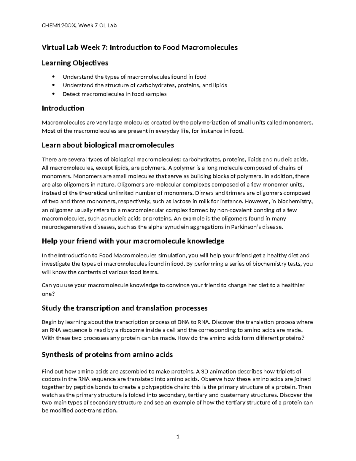 Week 7 Lab Report Lab 7 Virtual Lab Week 7 Introduction To Food Macromolecules Learning