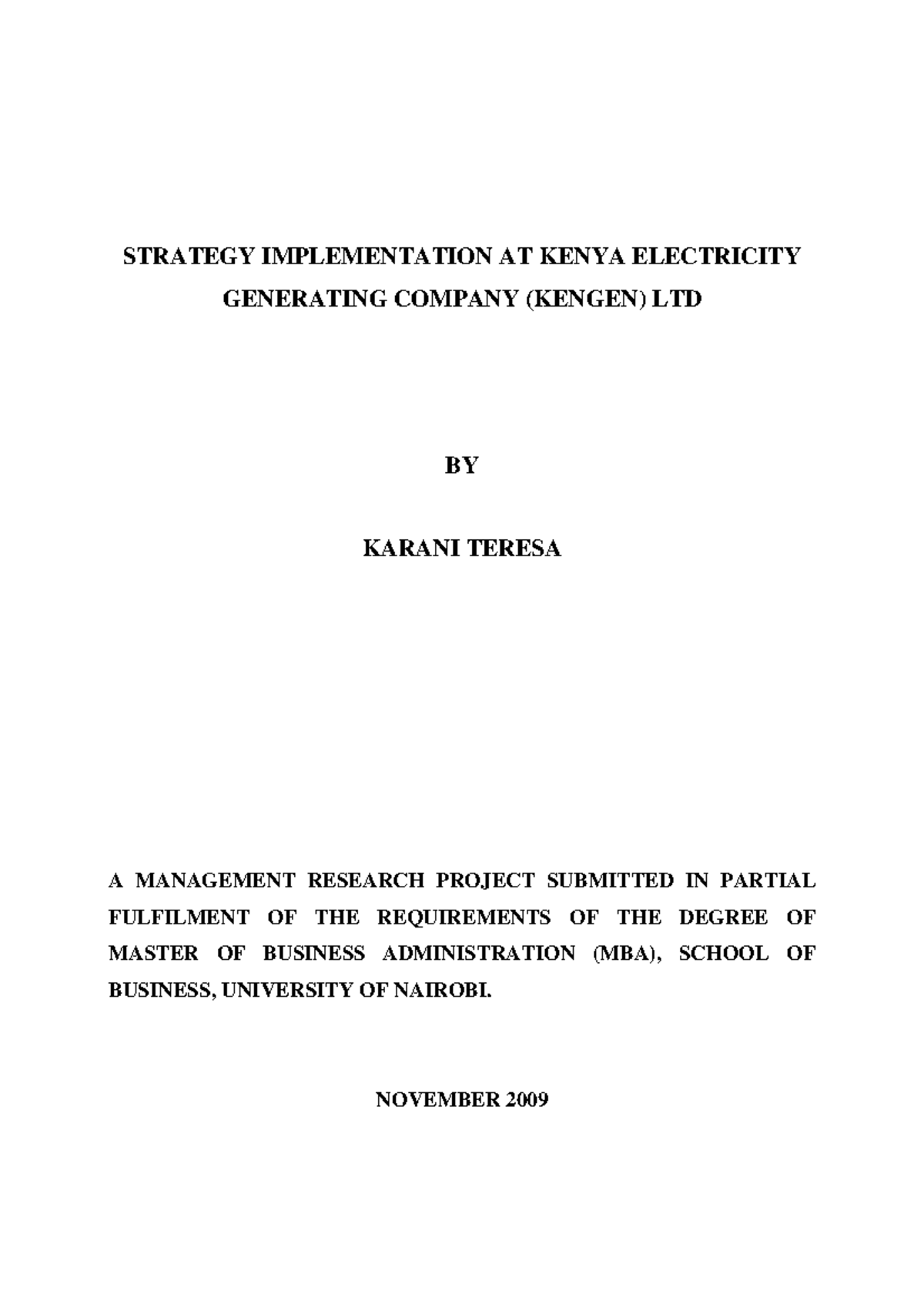 Karani Strategy Implementation At Kenya Electricity Generating Company 
