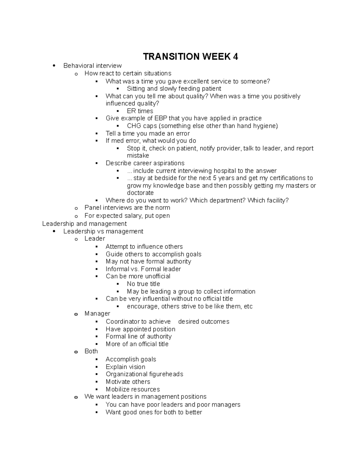 Transition WEEK 4 , Notes - TRANSITION WEEK 4 Behavioral interview o ...