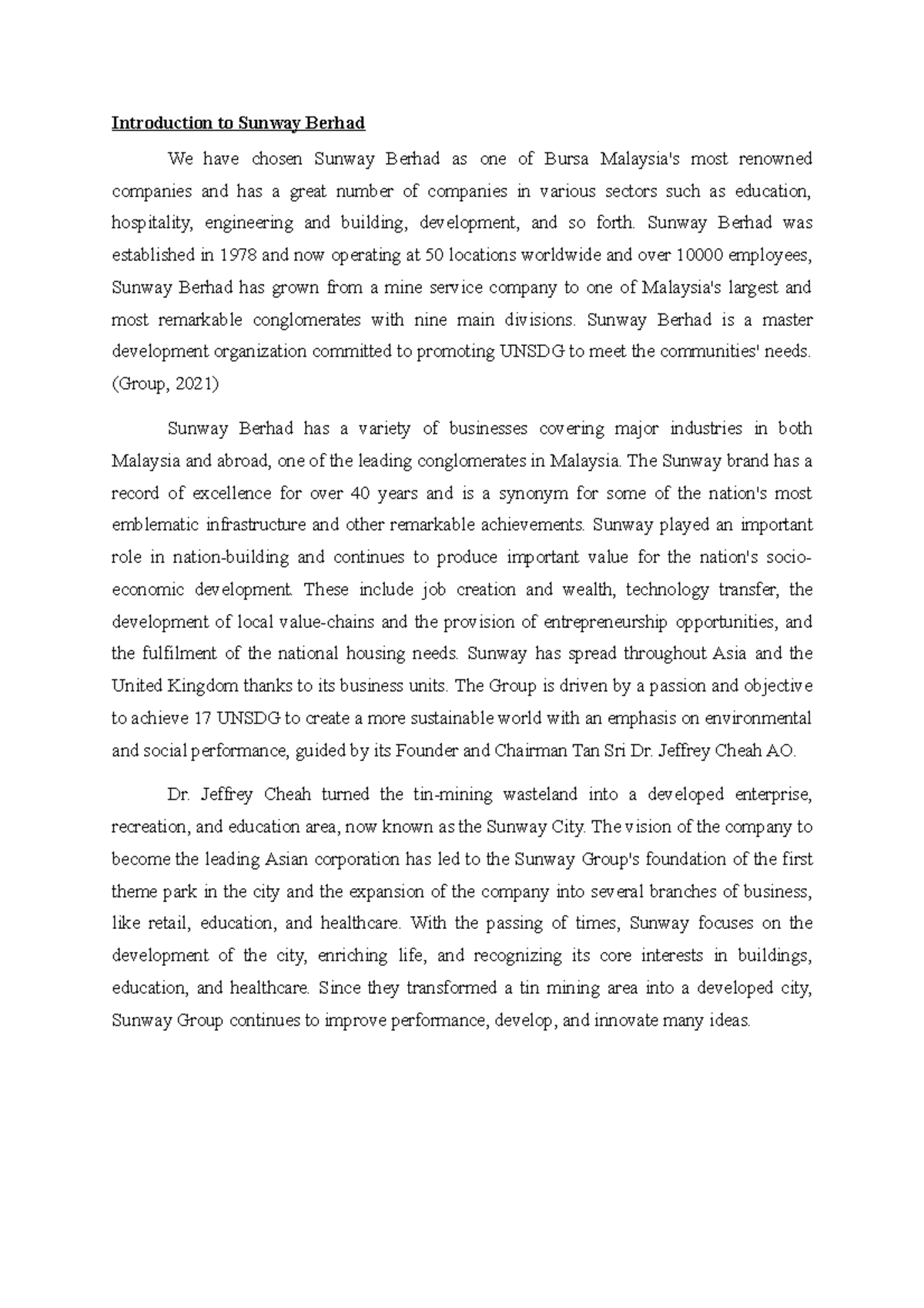 AU4013 Group Assignment (Sunway Berhad) - Introduction to Sunway Berhad ...