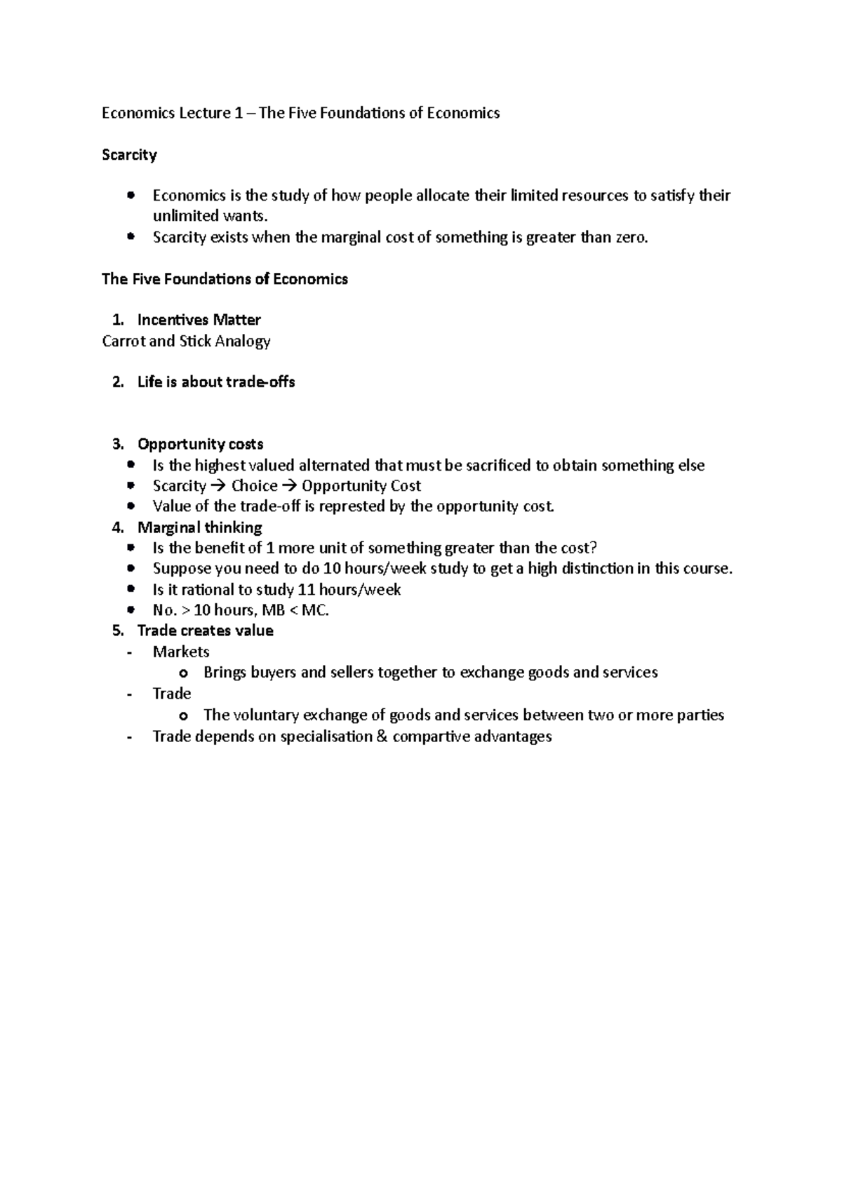 Microeconomics Lecture 1 Notes - Economics Lecture 1 – The Five ...