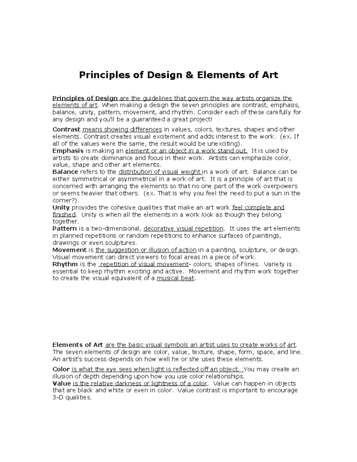 Principles of design and elements of art handout 2 - Principles of ...