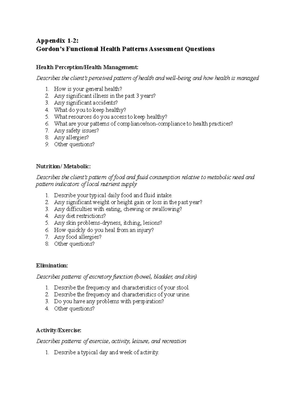 Gordon’s Functional Health Patterns Assessment Questions - Appendix 1-2 ...