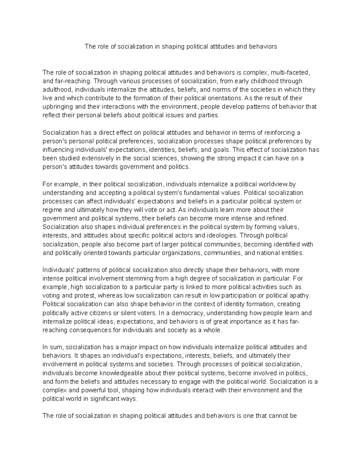 The role of socialization in shaping political attitudes and behaviors ...