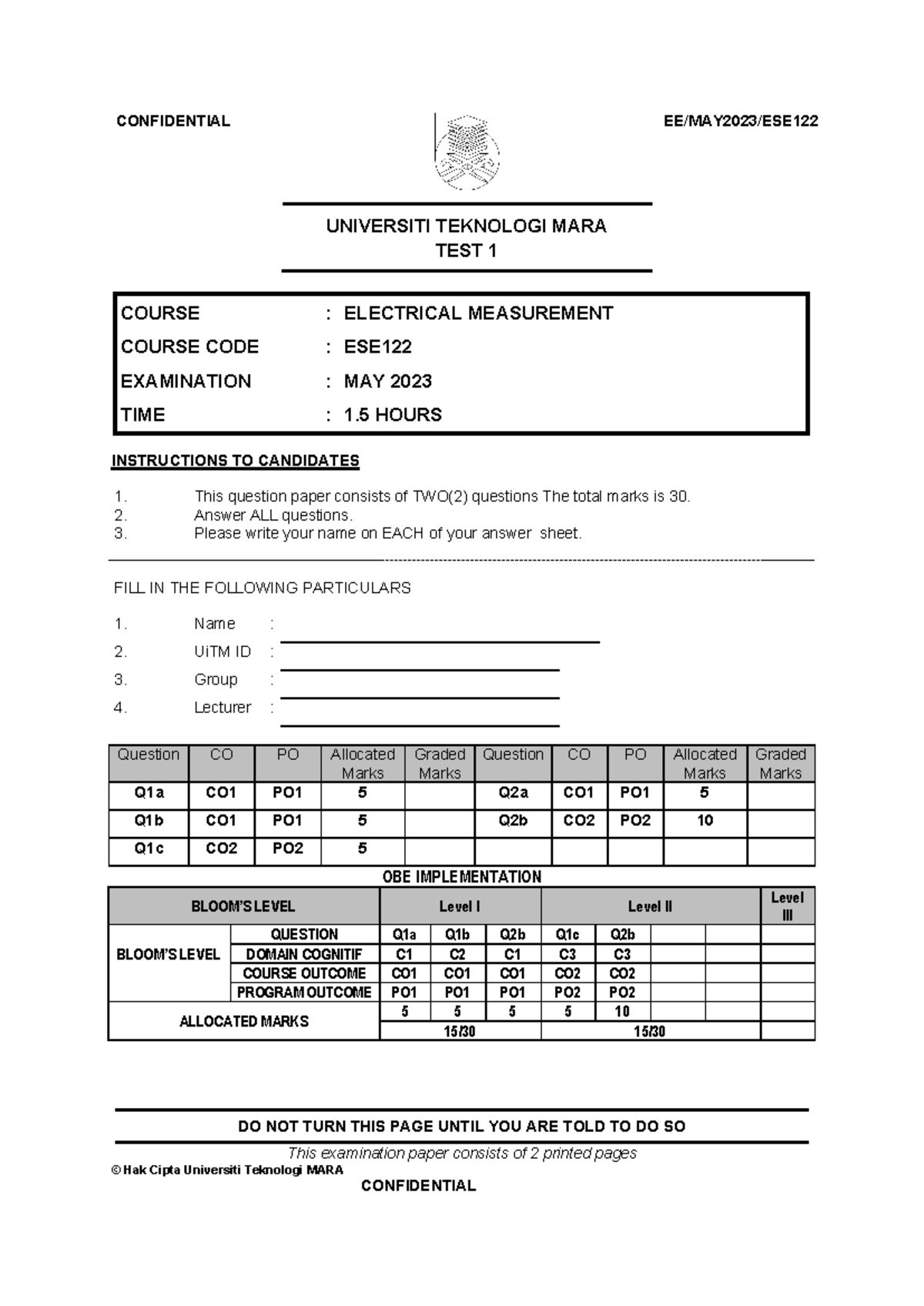 ESE122 TEST 1 Question MAR 2023 AUG 2023 - DO NOT TURN THIS PAGE UNTIL ...