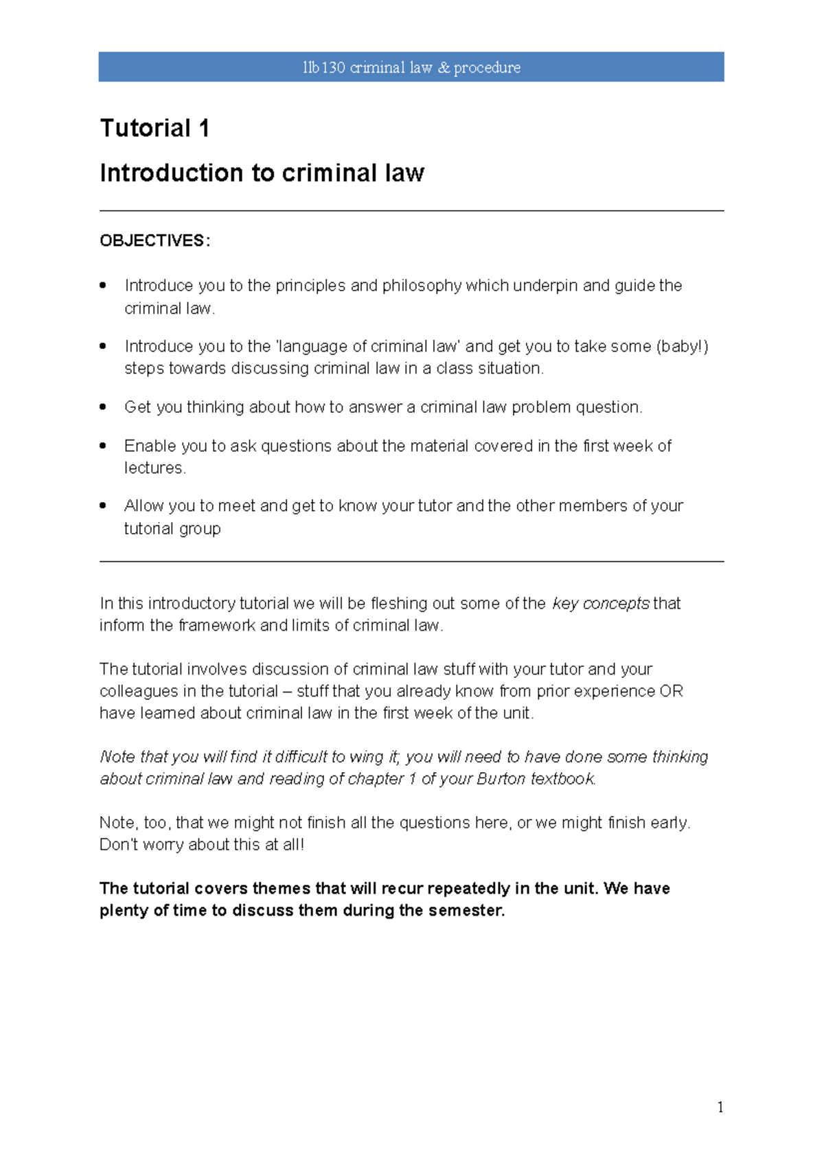 LLB130 Tutorial 1 - 2023 - llb130 criminal law & procedure Tutorial 1 ...