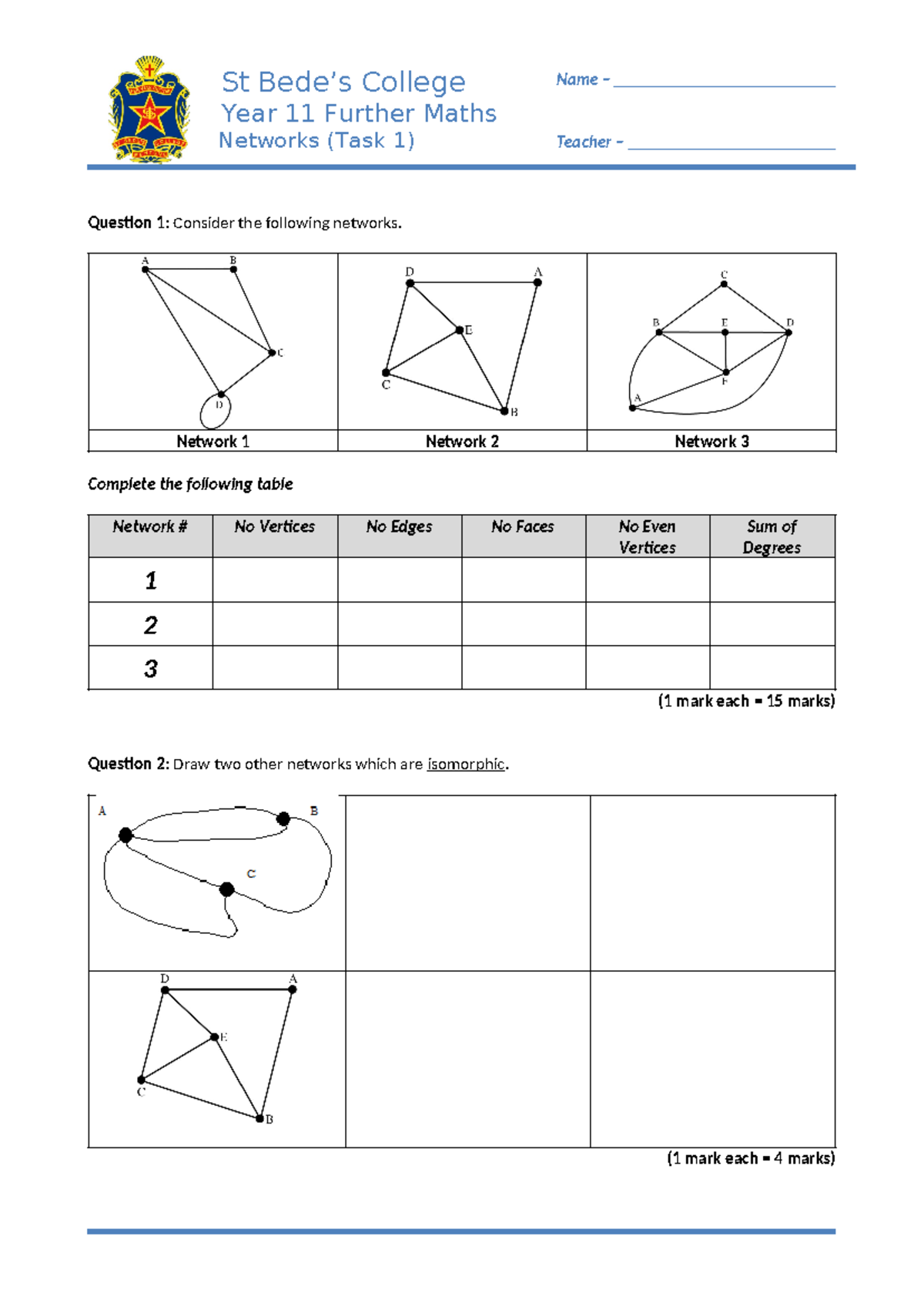 11FM Networks HW Task 1 - Maths - St Bede’s College Year 11 Further ...
