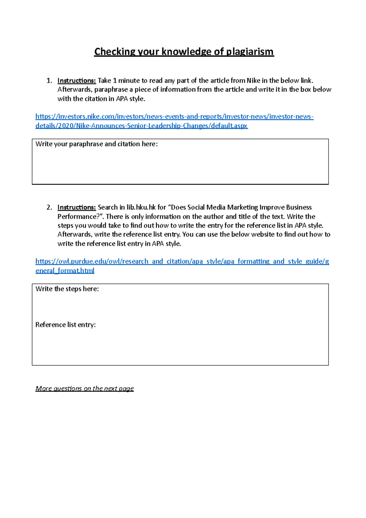 Plagiarism Prevention Self Study Tasks - Checking your knowledge of ...