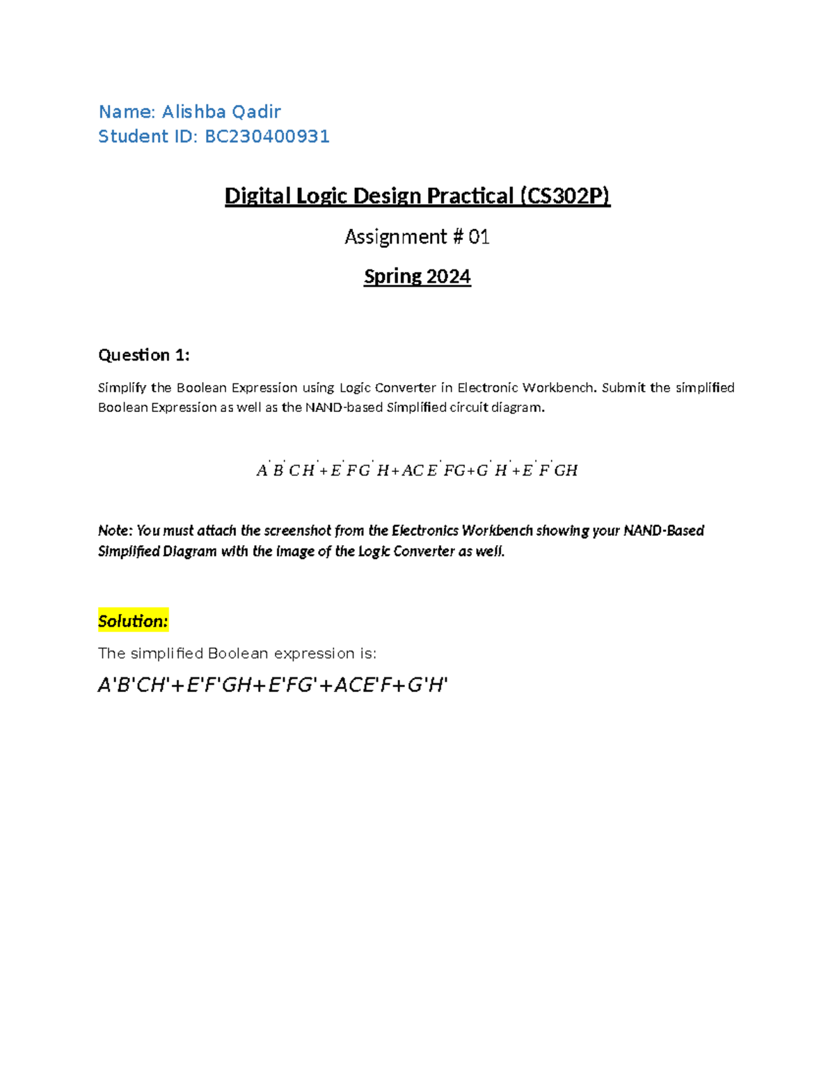 Doc1 - Name: Alishba Qadir Student ID: BC Digital Logic Design Practical (CS302P) Assignment ...