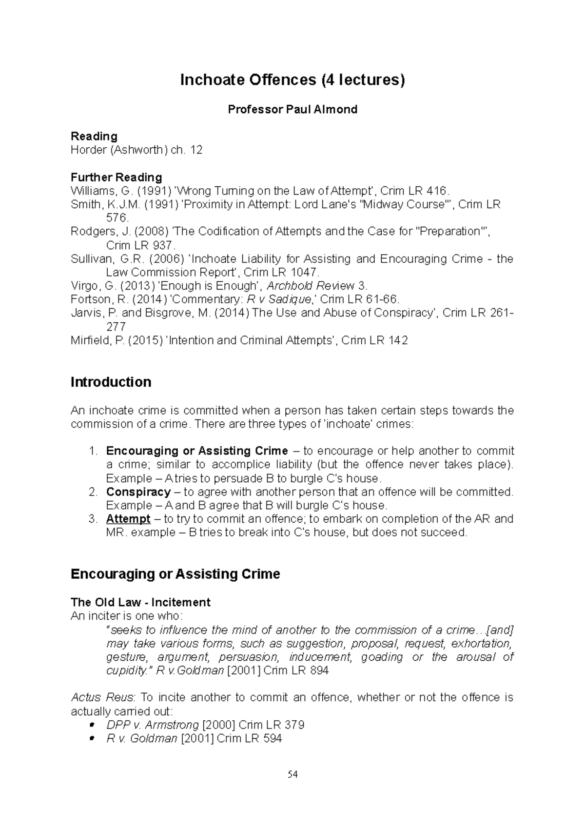 Inchoate Offences 2021-22 - Inchoate Offences (4 lectures) Professor ...