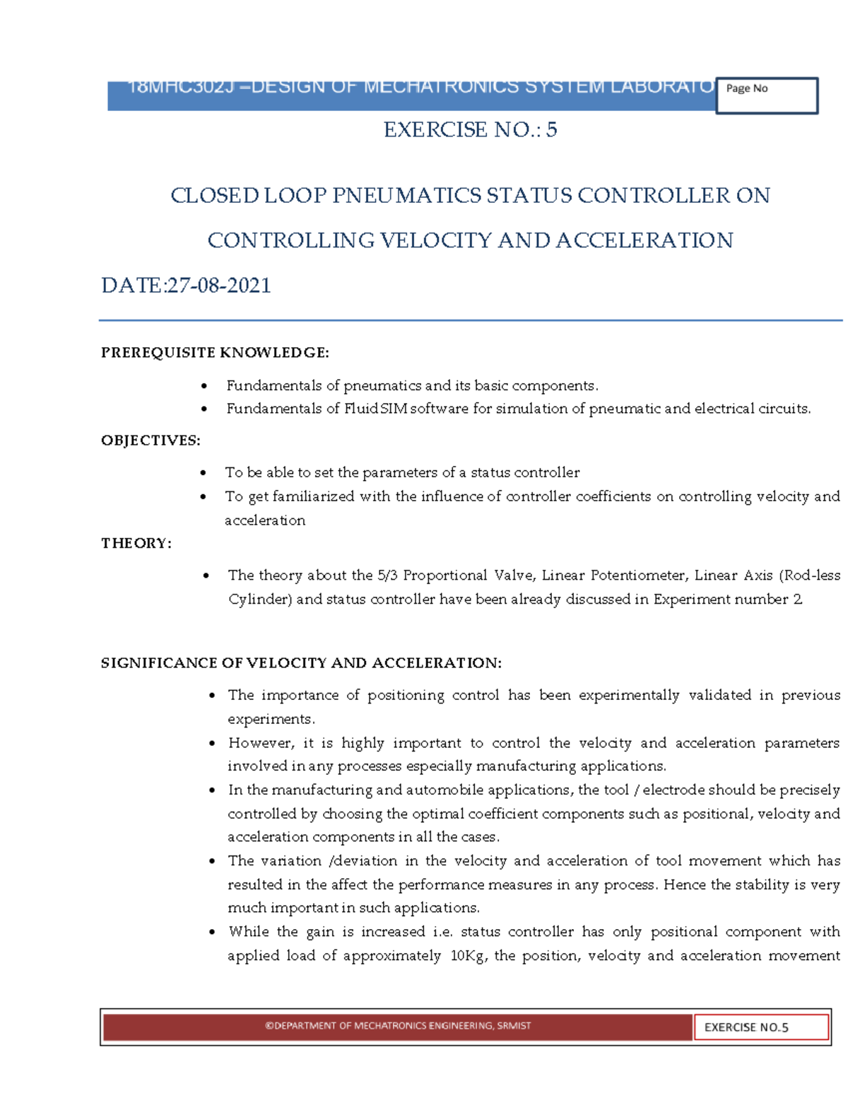 EX5 - Design of mechatronics systems notes and practical worksheet ...
