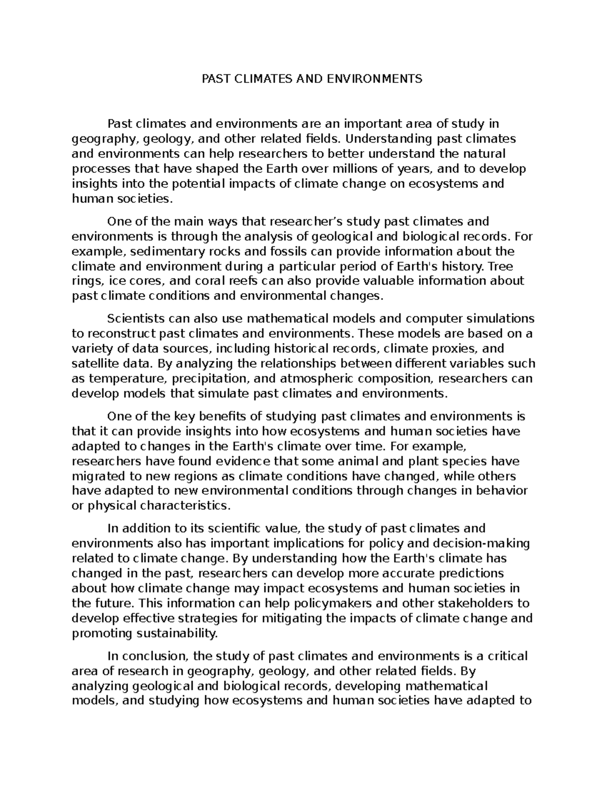 PAST Climates AND Environments essay - PAST CLIMATES AND ENVIRONMENTS ...
