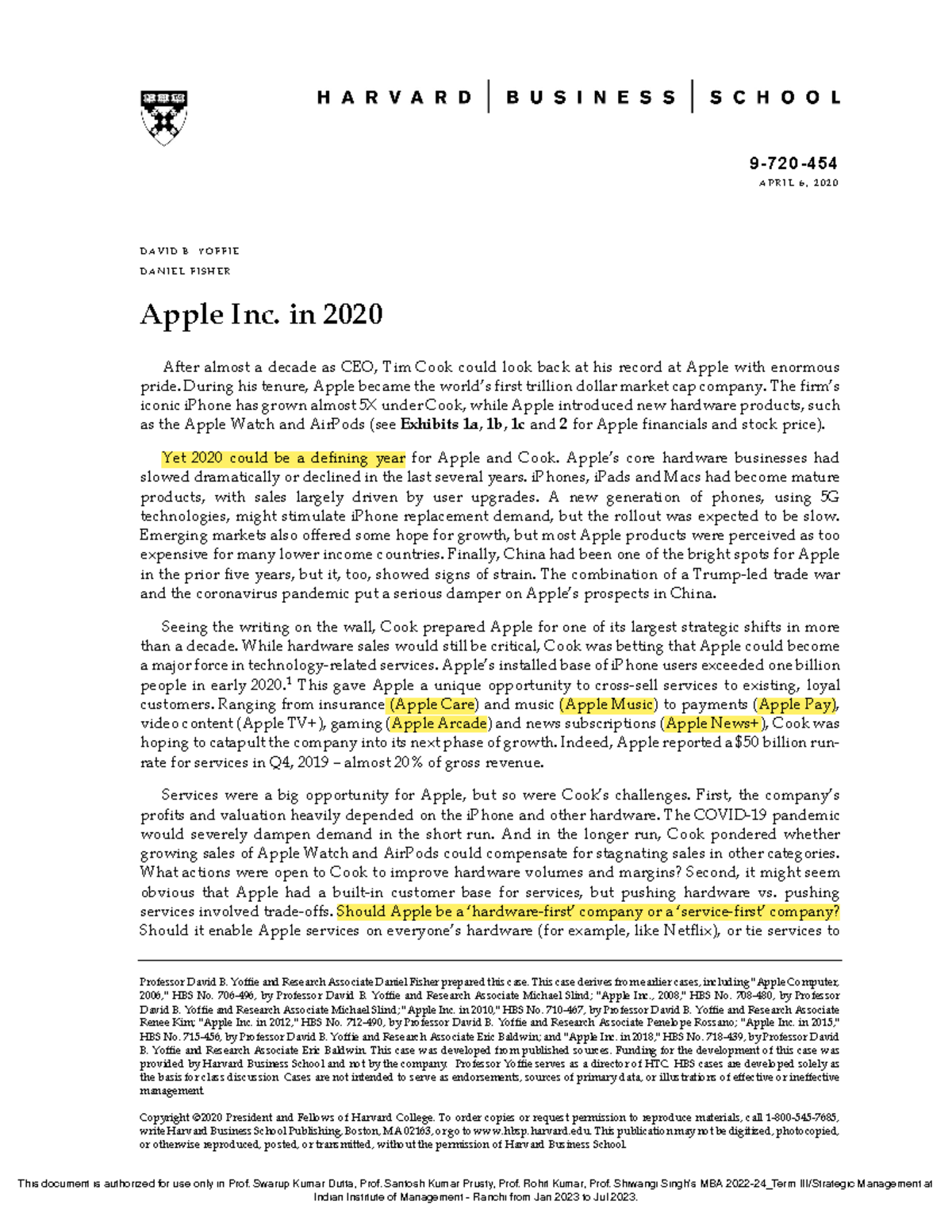 Apple - 9 -7 2 0 -4 5 4 A P R I L 6 , 2 0 2 0 Professor David B. Yoffie ...