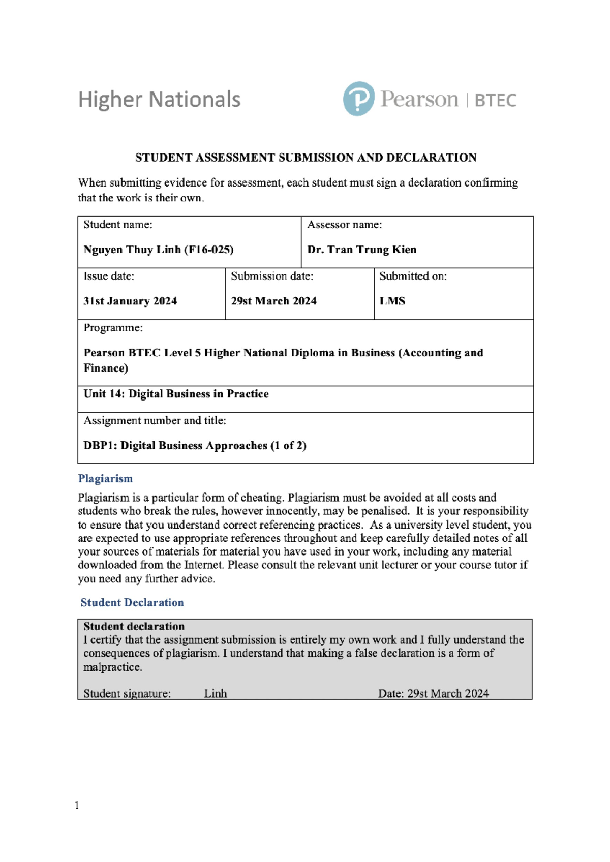 DBP A1 - D grade - Table of Contents Using real-life examples from a ...
