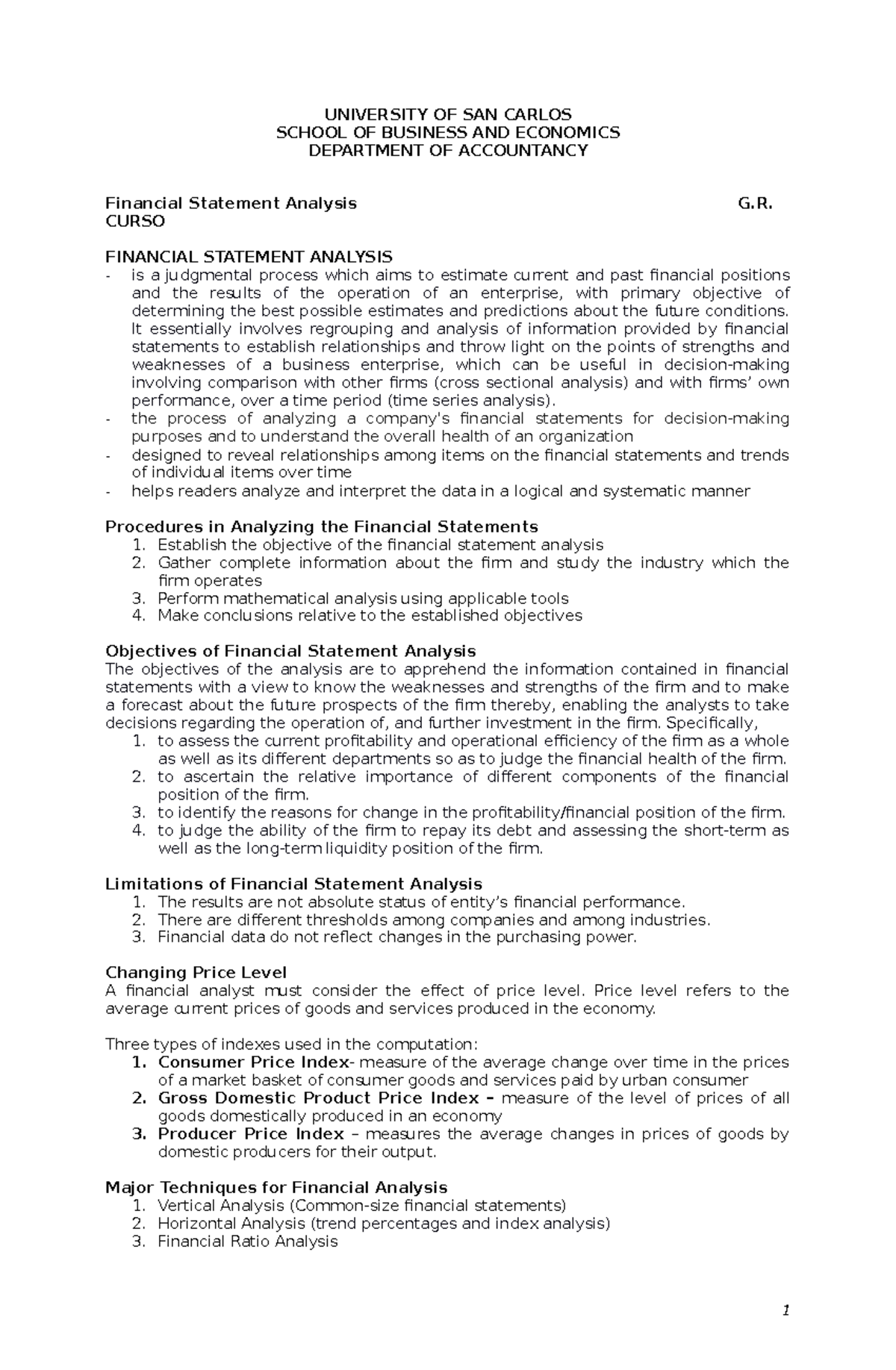 Financial Statement Analysis - UNIVERSITY OF SAN CARLOS SCHOOL OF ...