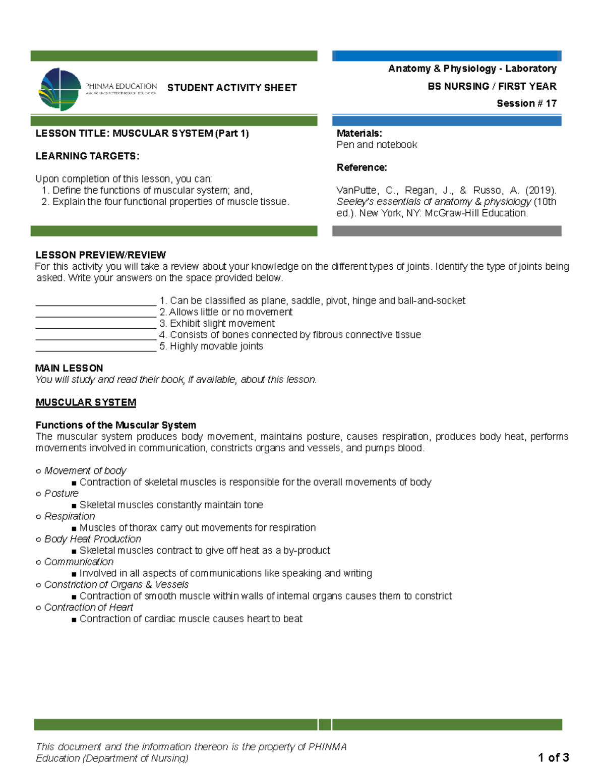 Anatomy 17 - LEC - STUDENT ACTIVITY SHEET Anatomy & Physiology ...