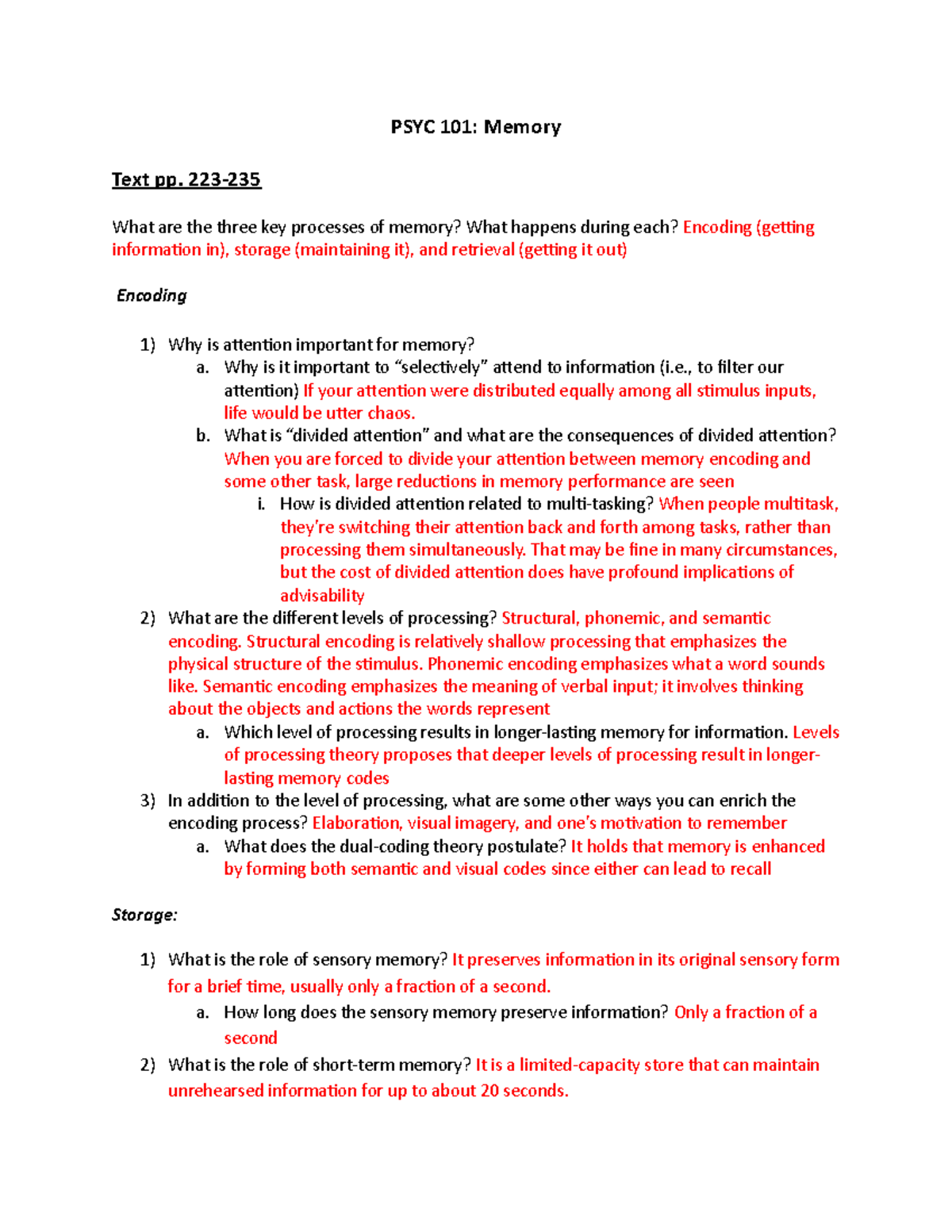 Memory guided reading questions - PSYC 101: Memory Text pp. 223- What ...